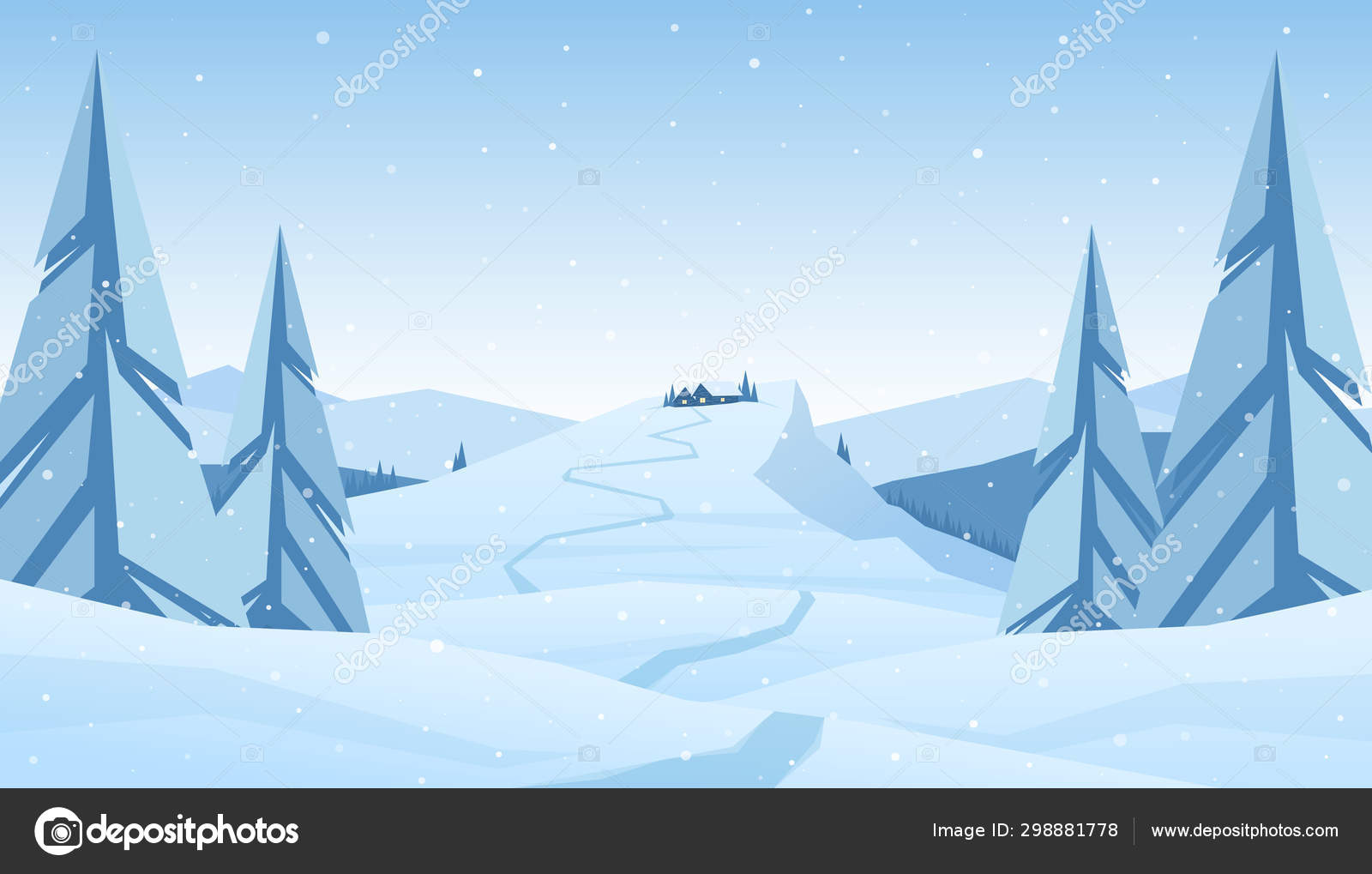 Winter snowy mountains christmas landscape with path to cartoon house ...
