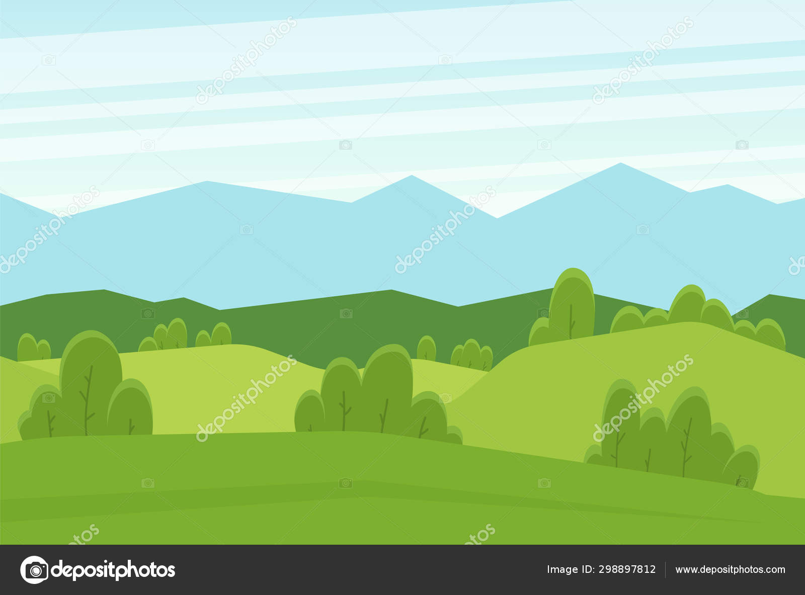 Dibujos animados paisaje plano de verano con verdes colinas y montañas ...