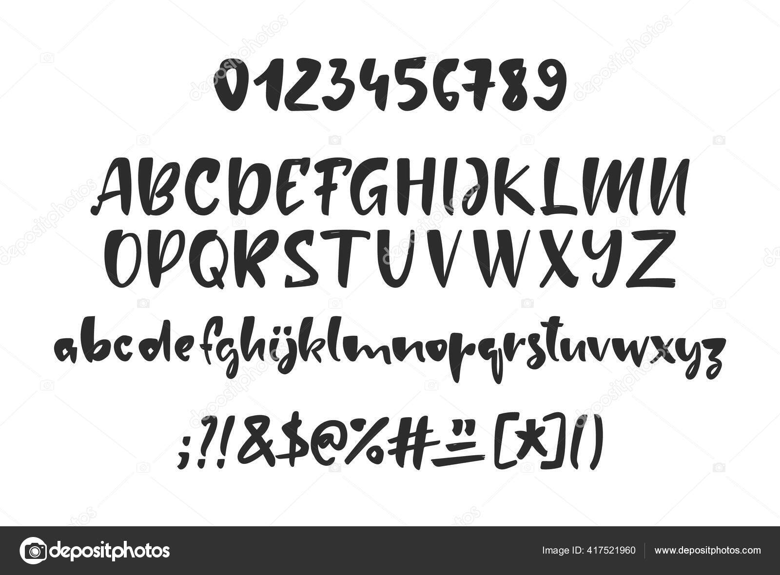 Vektorillustration Handgezeichnete Pinselschrift Buchstaben Des Englischen Alphabets Mit Zahlen ...