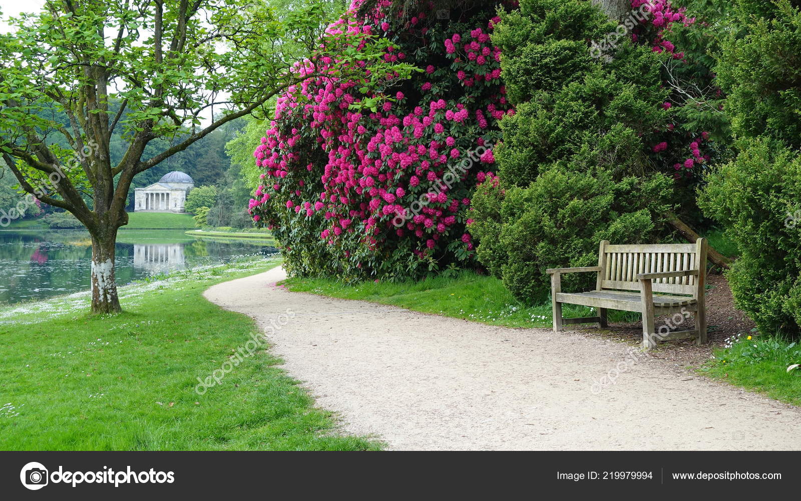 View Winding Path Wooden Bench Beautiful Landscape Garden Stock Photo ...