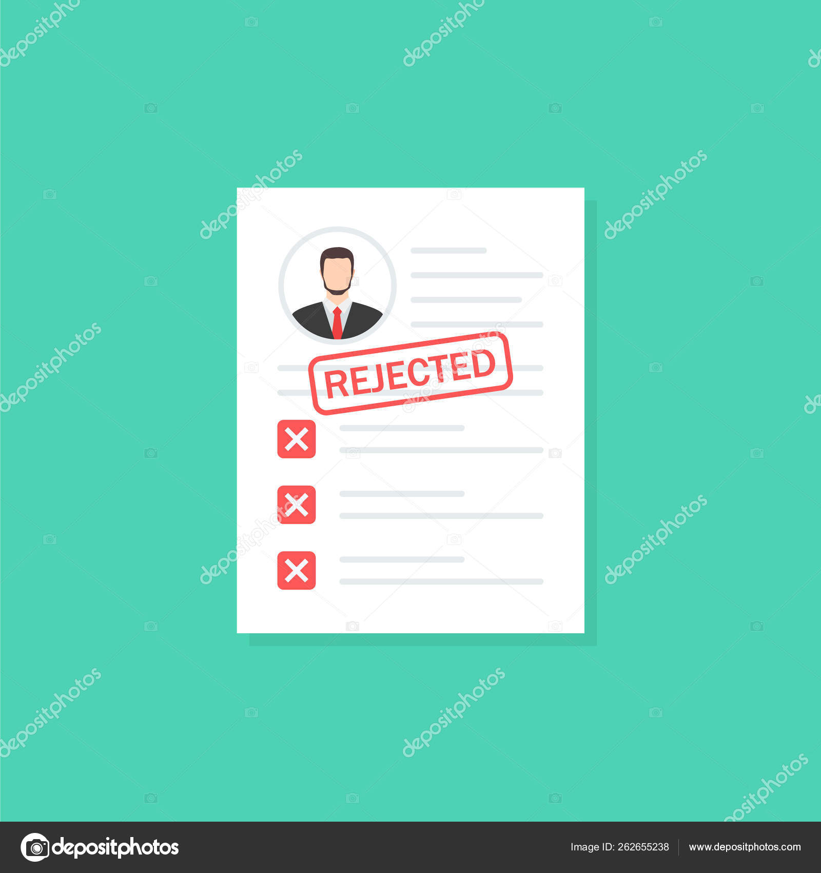 Rejected application. Clipboard application with document, red rejected ...