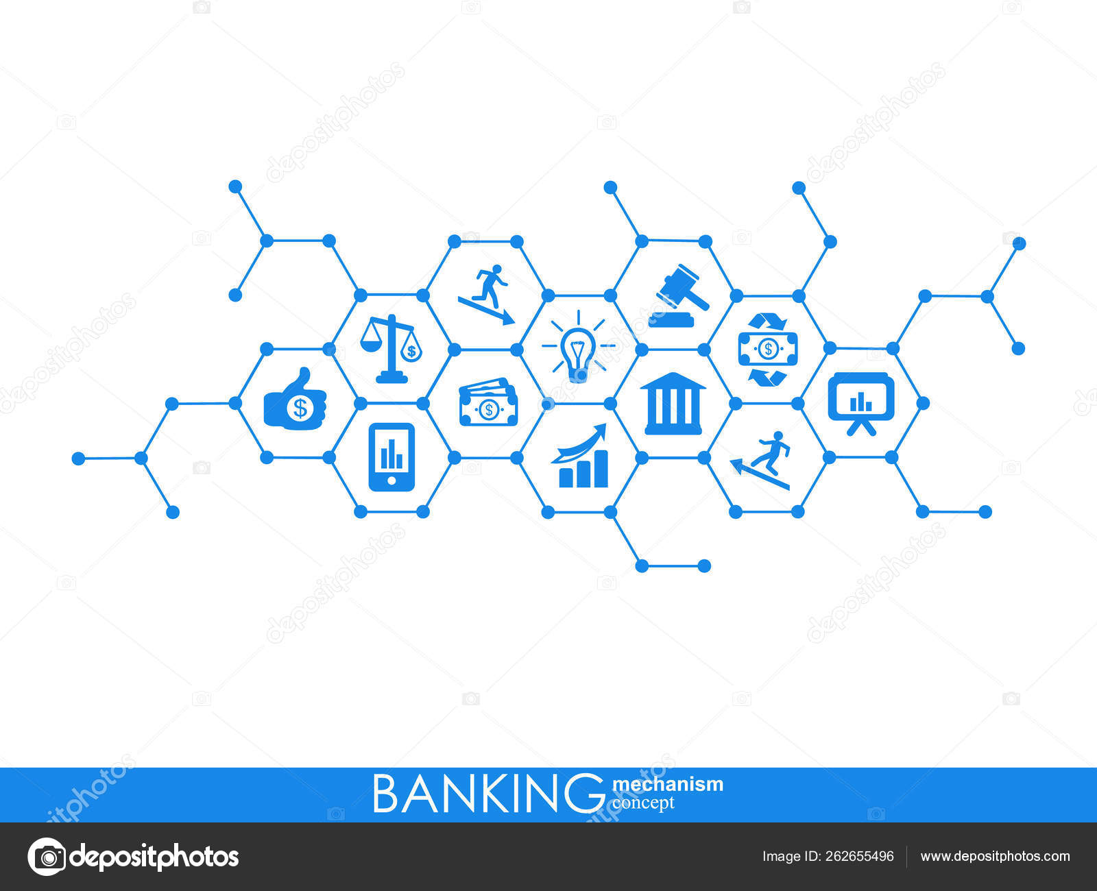 Mecanismo bancario. Fondo abstracto con engranajes conectados e iconos ...