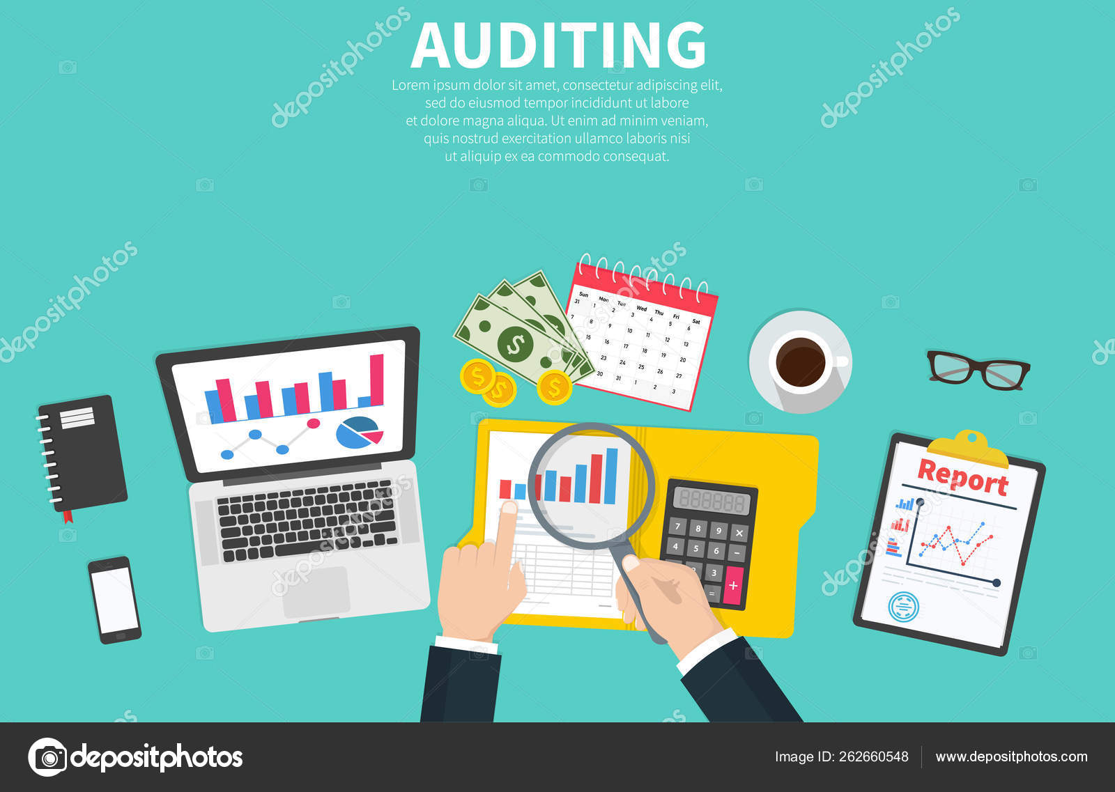 Auditing concept illustration. Tax process. Auditor during examination of financial report ...