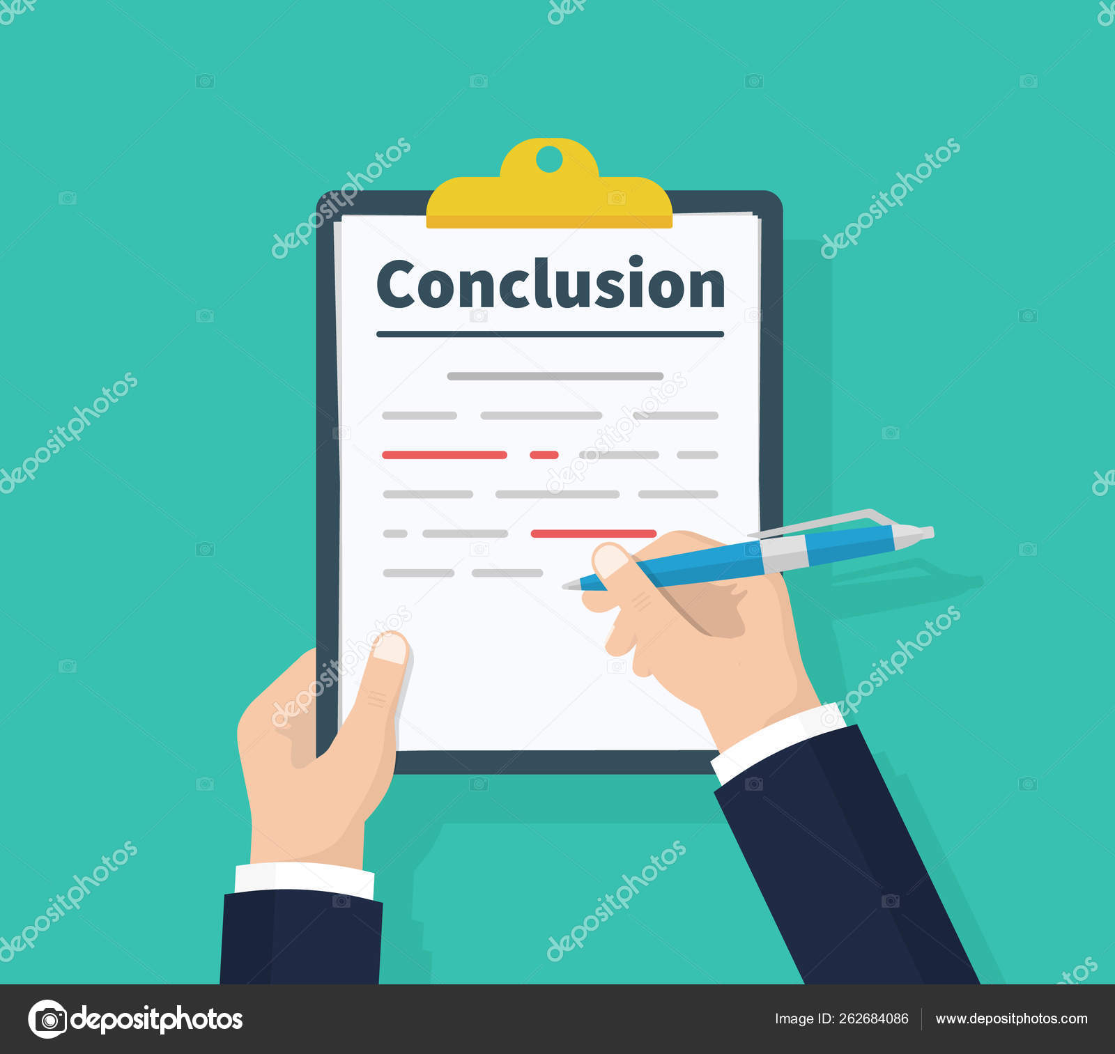 Image vectorielle L'homme écrit la conclusion, le rapport concept ...