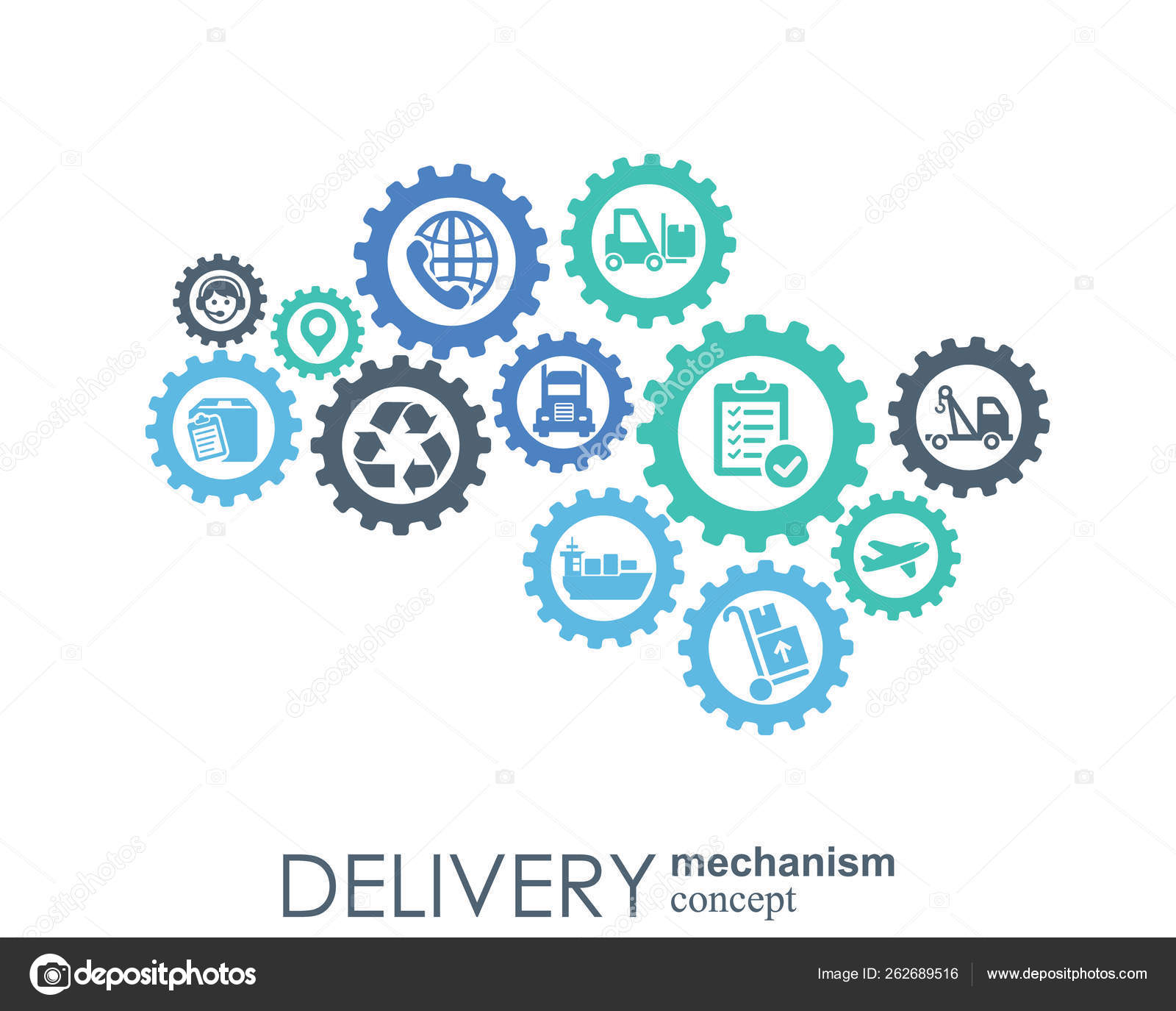 Delivery mechanism concept. Abstract background with connected gears ...