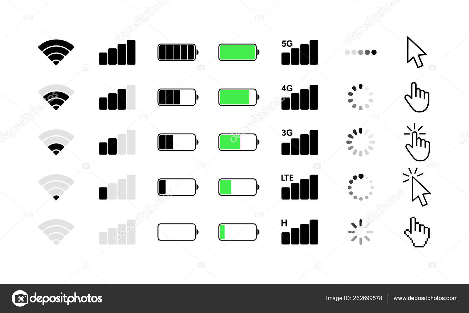 Mobile phone system icons. Wifi signal strength, battery charge level ...