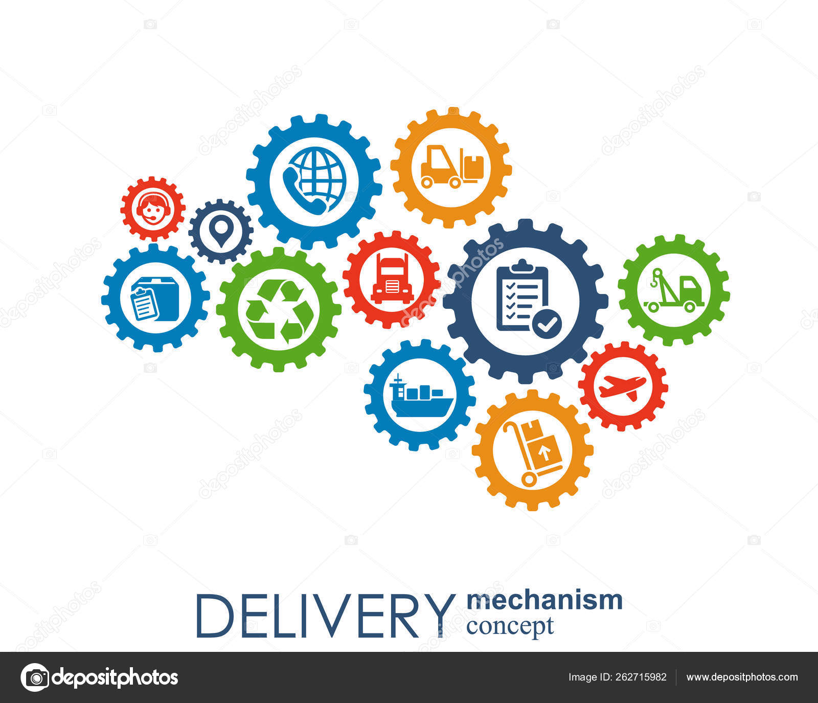 Delivery mechanism concept. Abstract background with connected gears ...