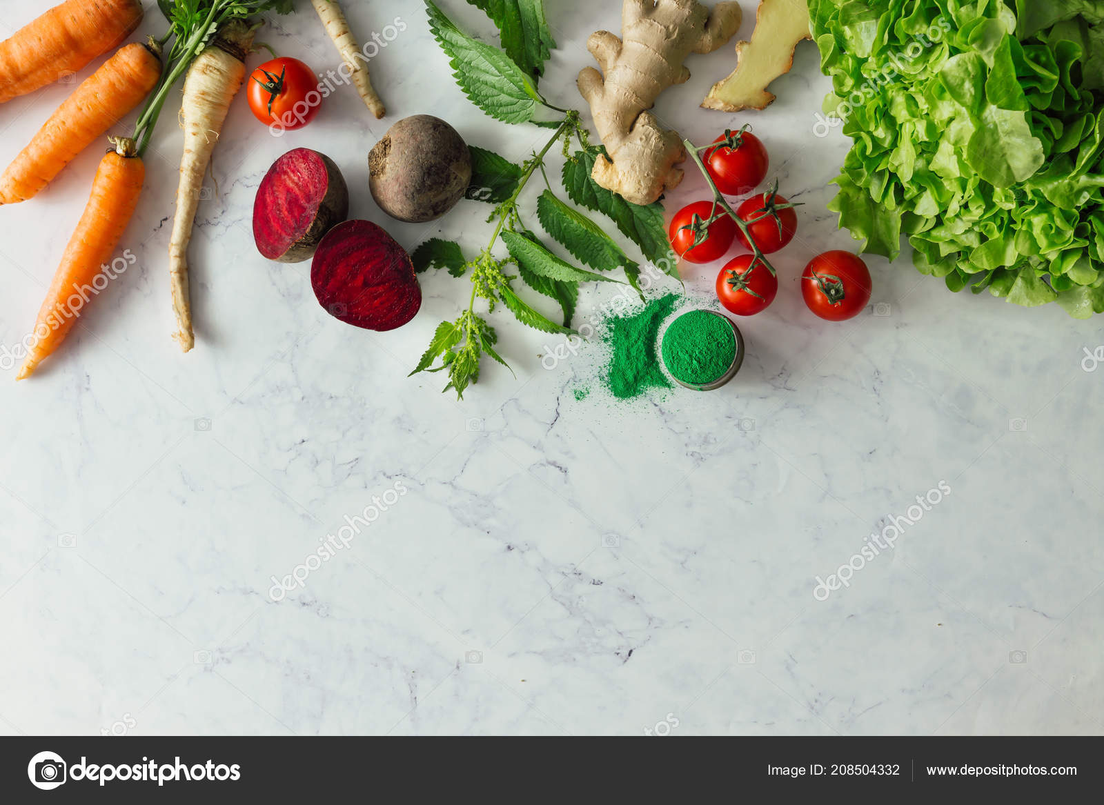 Creative Food Layout Fruits Vegetables Leaves Bright Marble Table ...