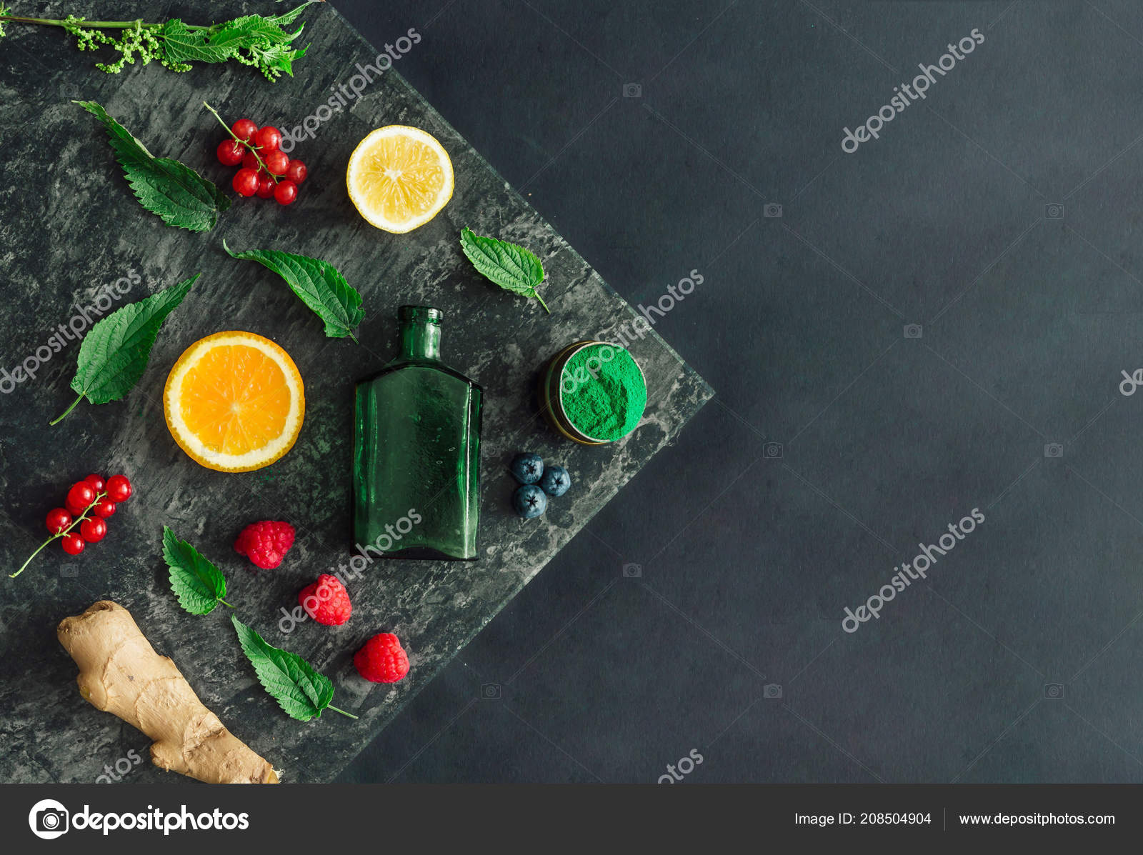 Creative Food Layout Fruits Vegetables Leaves Dark Stone Table ...