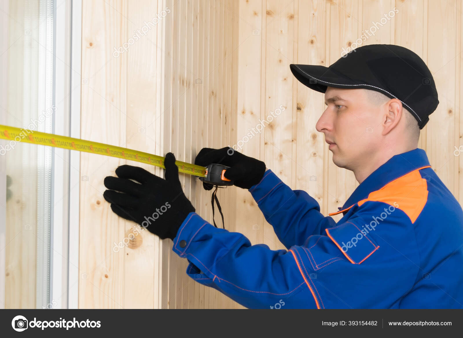 Man Construction Clothing Measures Window Opening Tape Measure Side ...