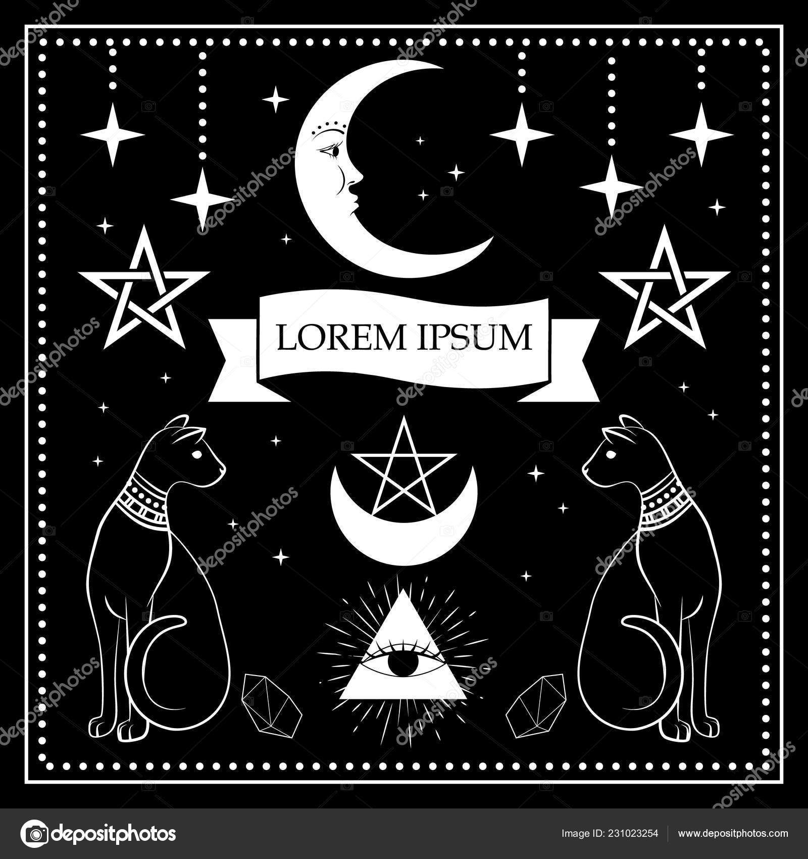 Black cats, night sky with moon and stars. Frame for sample text. Magic ...