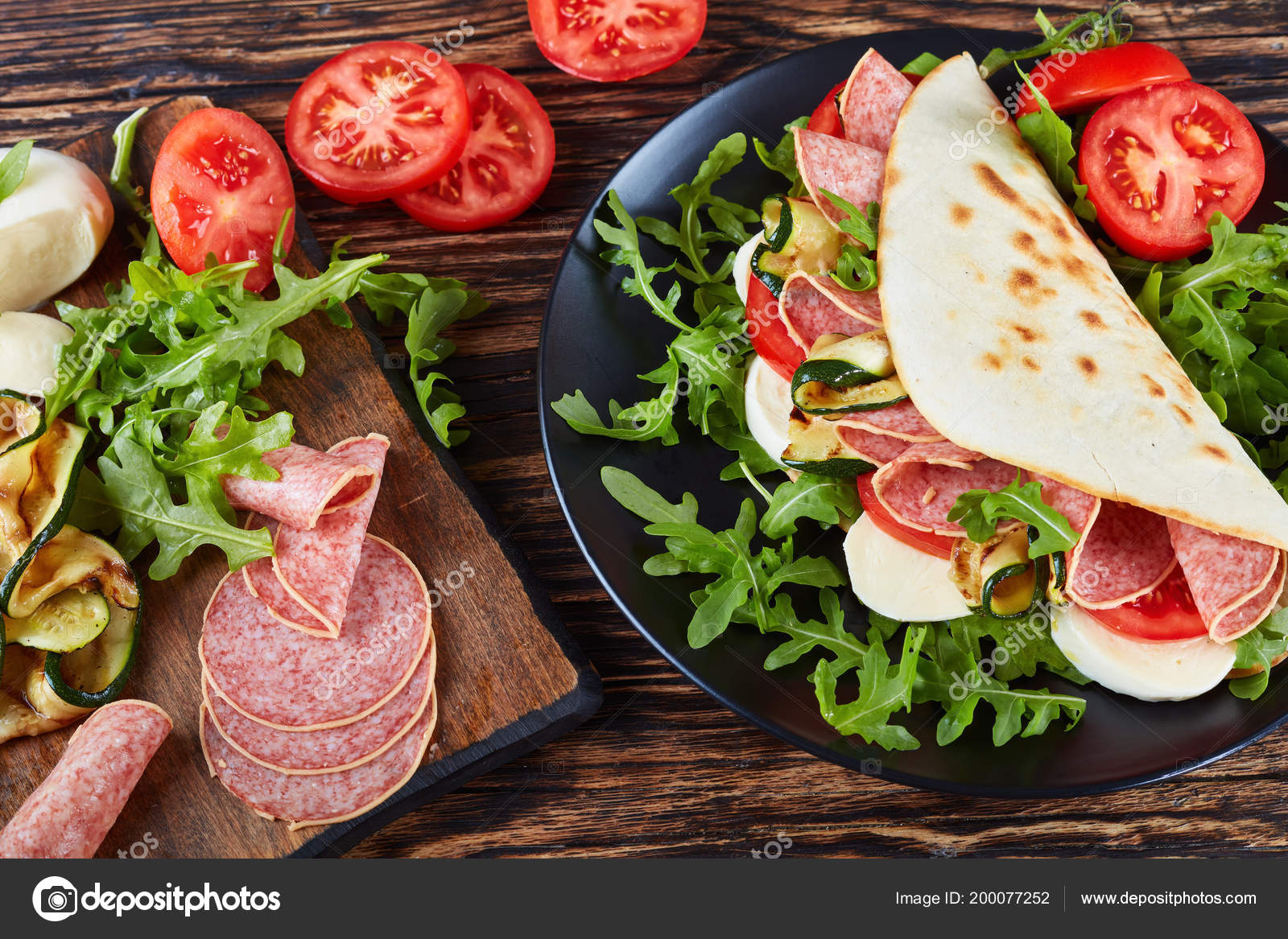 Open Sandwich Italian Piadina Mozzarella Tomato Salami Slices Grilled ...