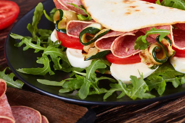 Open Sandwich Italian Piadina Mozzarella Tomato Salami Slices Grilled ...