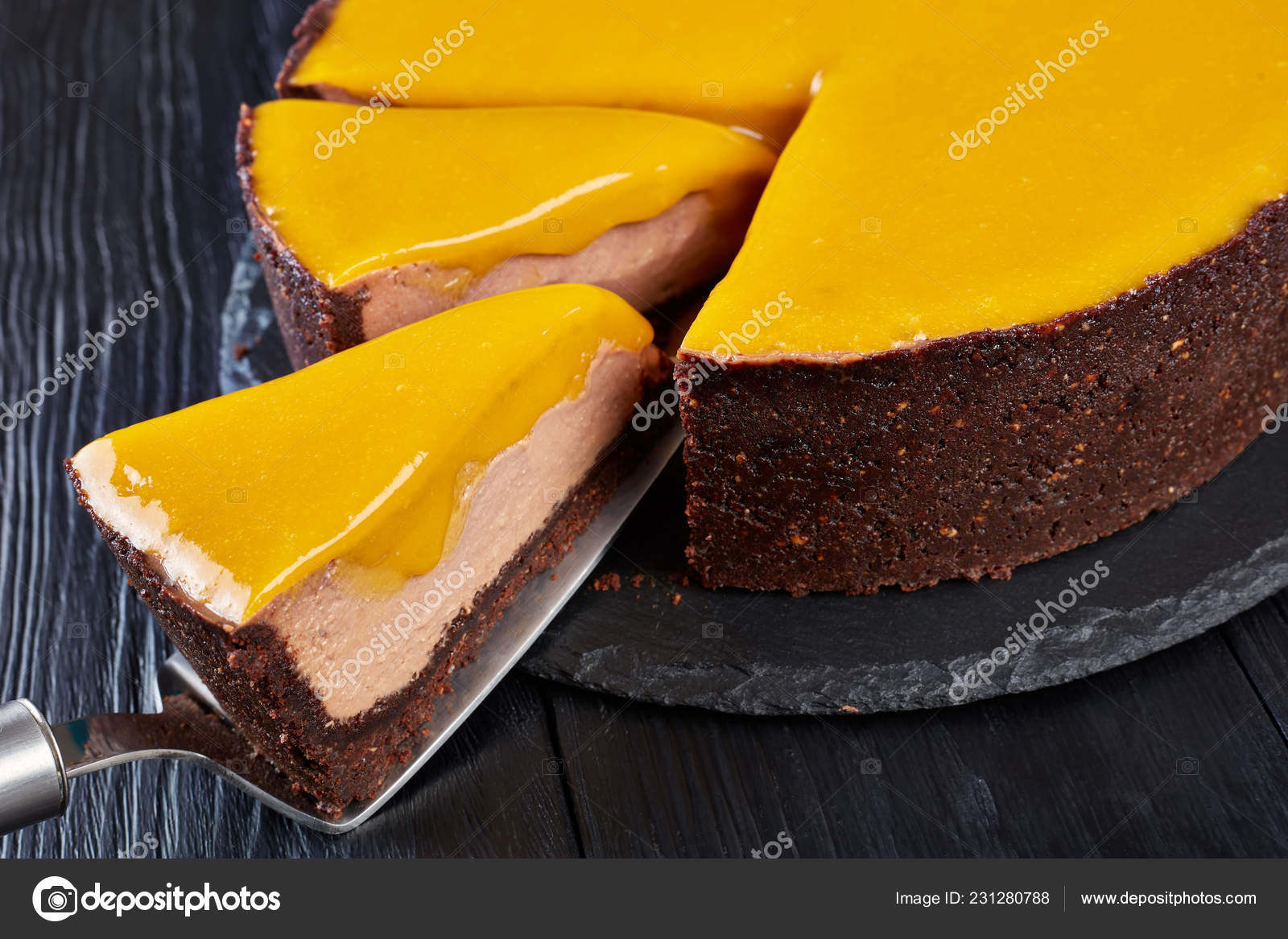 Sliced Chocolate Mango Cheesecake Piece Cake Shovel Black Stone Plate ...