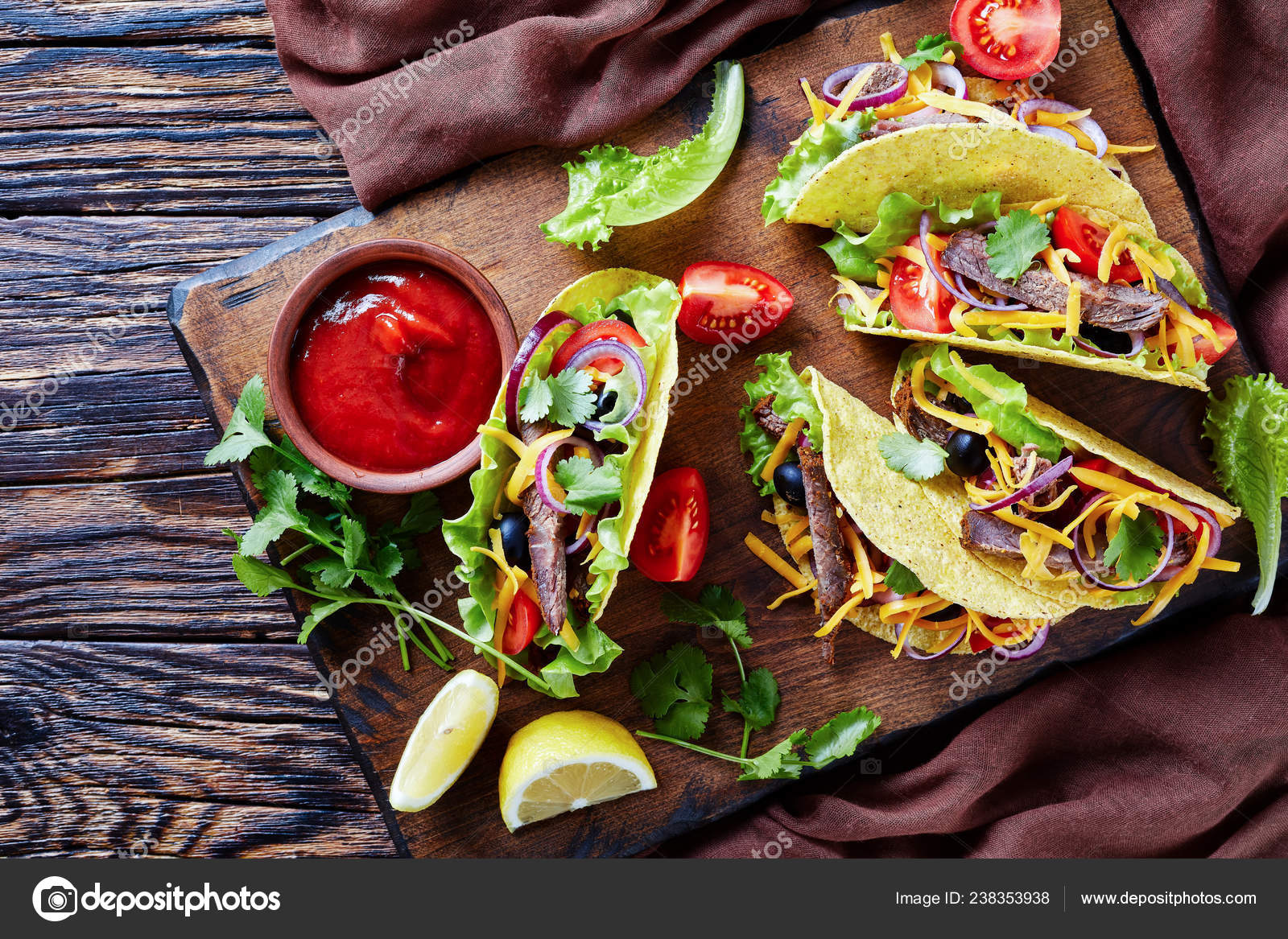 Tacos Roasted Beef Cut Strips Lettuce Leaves Red Onion Rings Stock ...