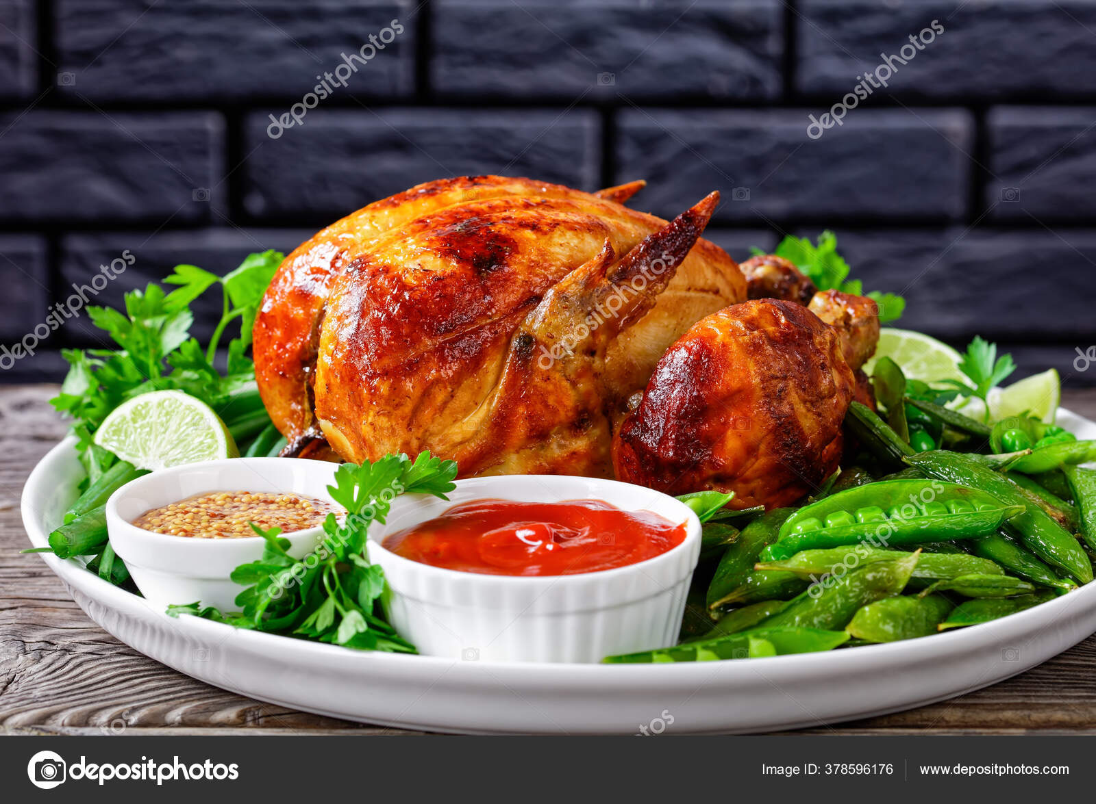 Whole Roast Chicken Fried Pods Green Peas Fresh Green Onion Stock Photo ...