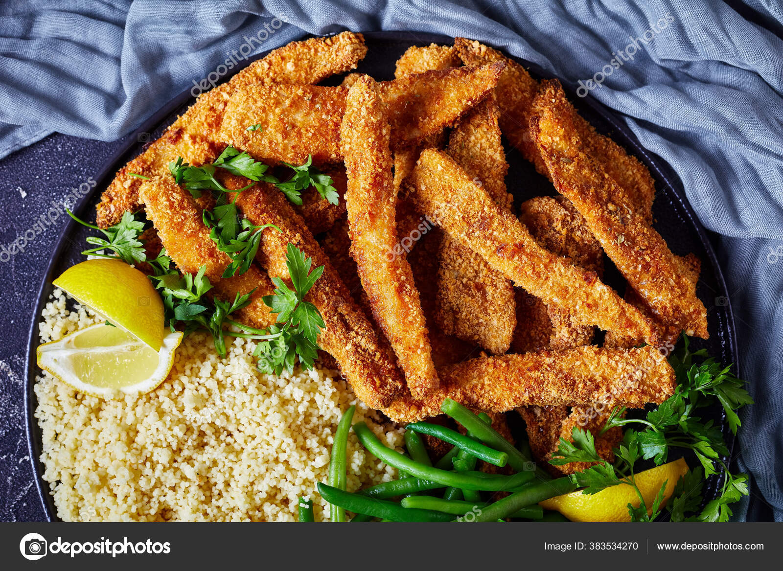 Close Green Beans Fish Sticks Fish Fillet Fingers Breaded Deep — Stock ...