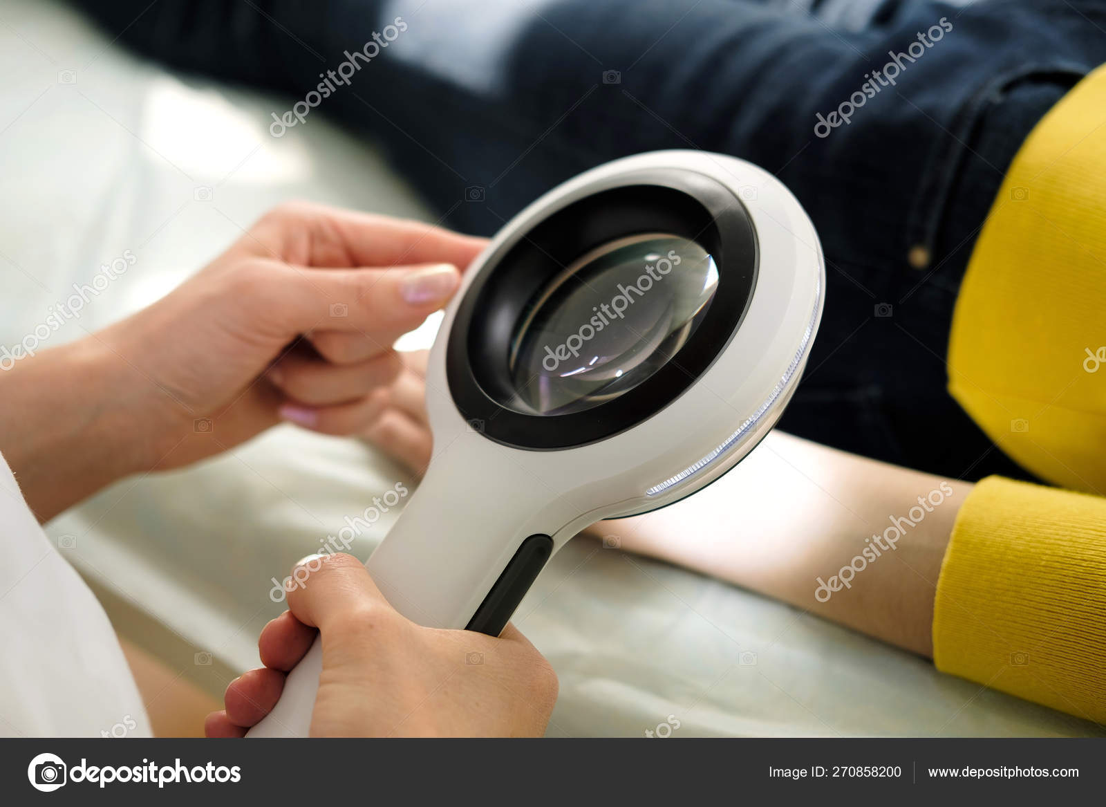 Dermatologist Using Professional Magnifying Glass While Doing Skin ...