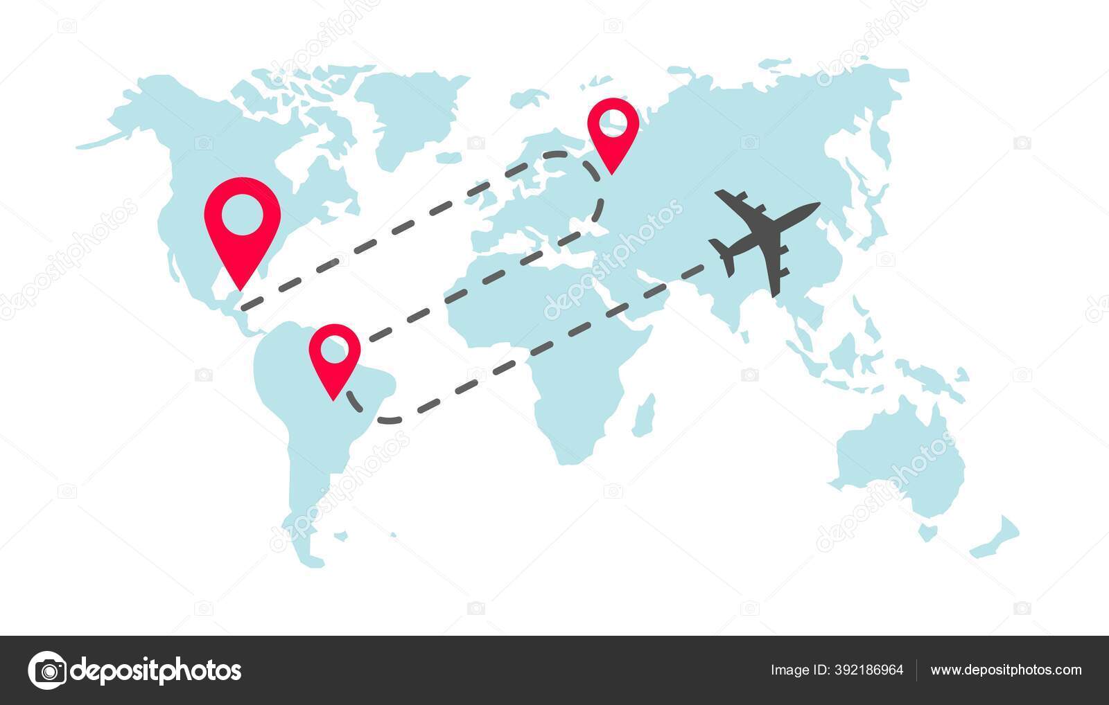 Plane global world map flight way path trace with arrival pin pointer ...