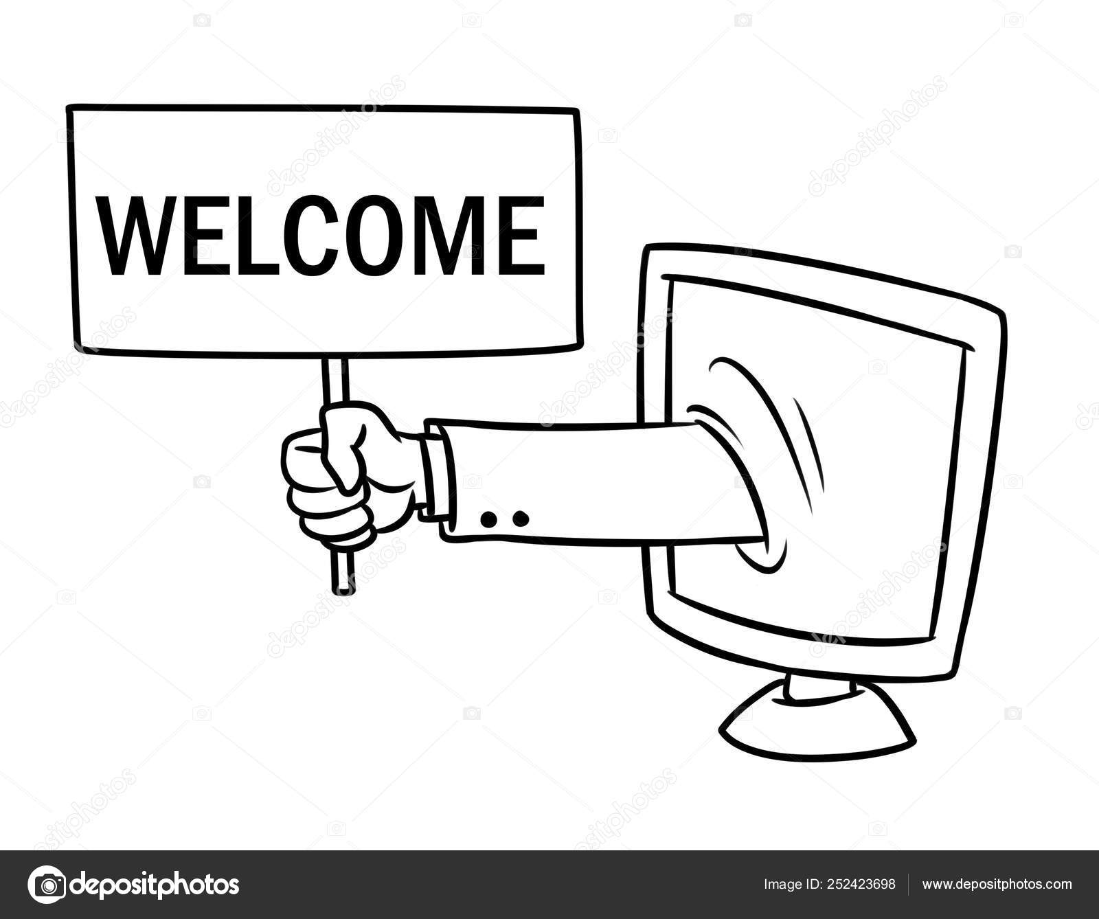 Computer Website Welcome Hand Sign Cartoon Illustration Isolated Image ...