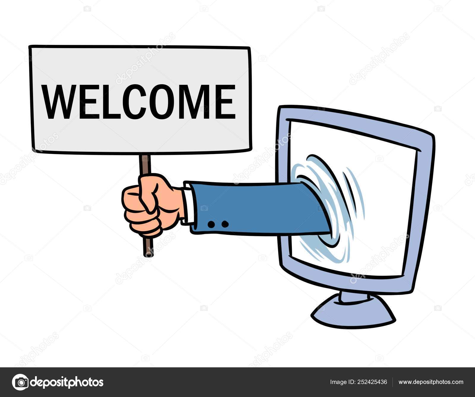 Computer Website Welcome Hand Sign Cartoon Illustration Isolated Image ...
