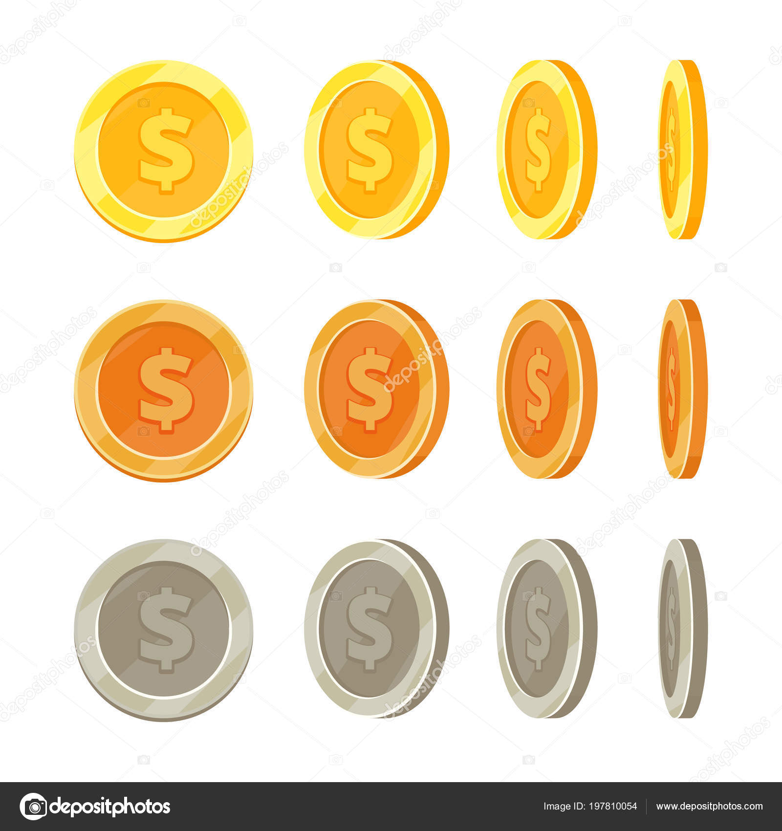 Cartoon golden coins in different positions, gold coin flip vector set ...
