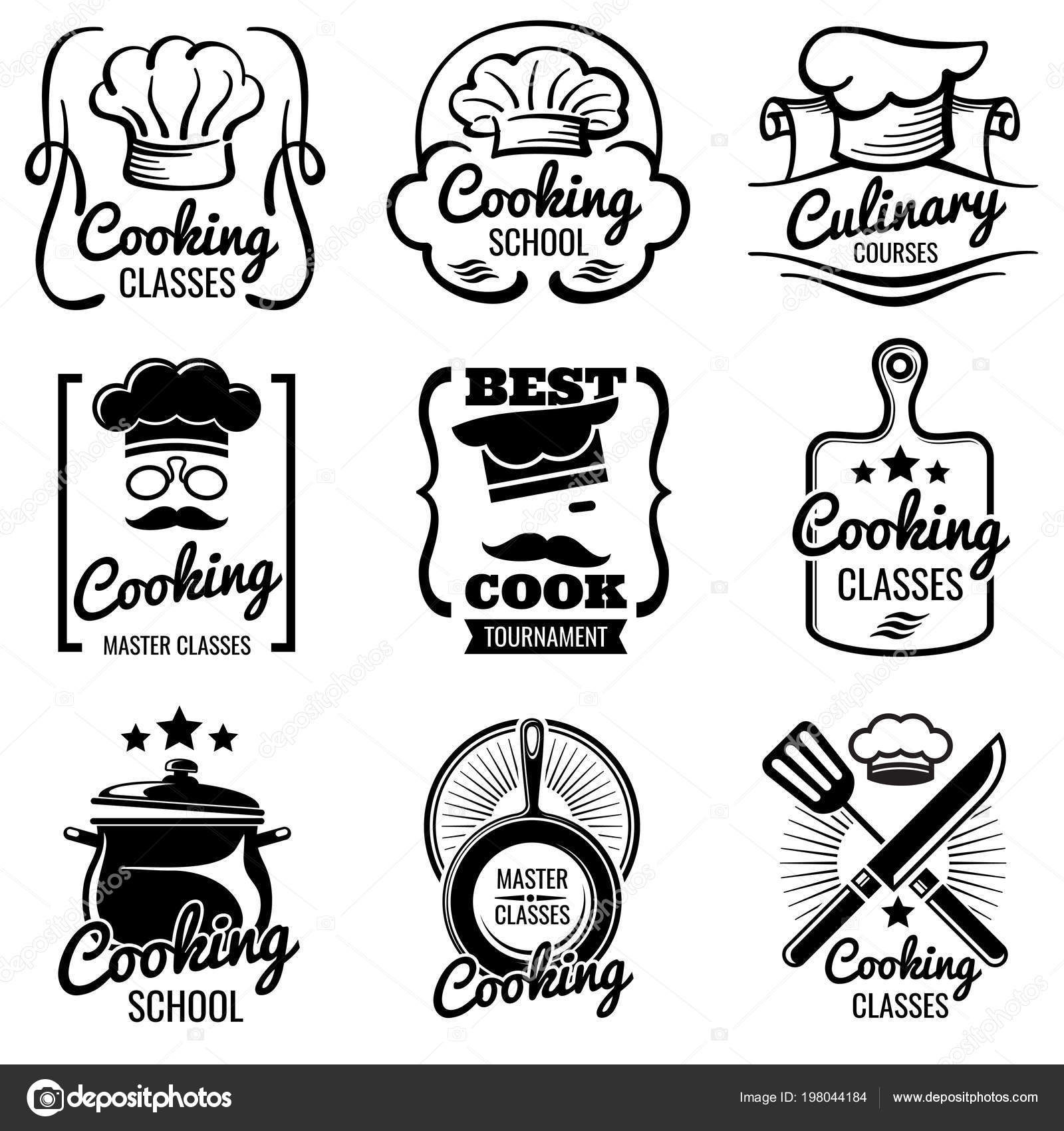 Vintage Cooking Kitchen Classes Vector Silhouette Labels Cook Workshop ...