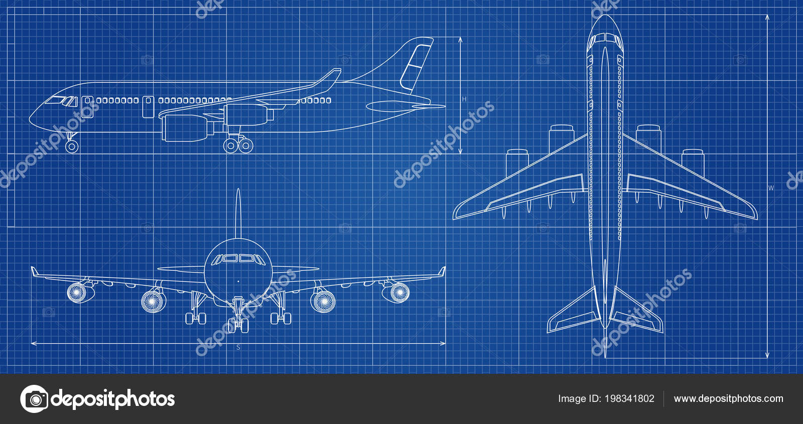 Airplane blueprint. Outline aircraft on blue background. Vector ...