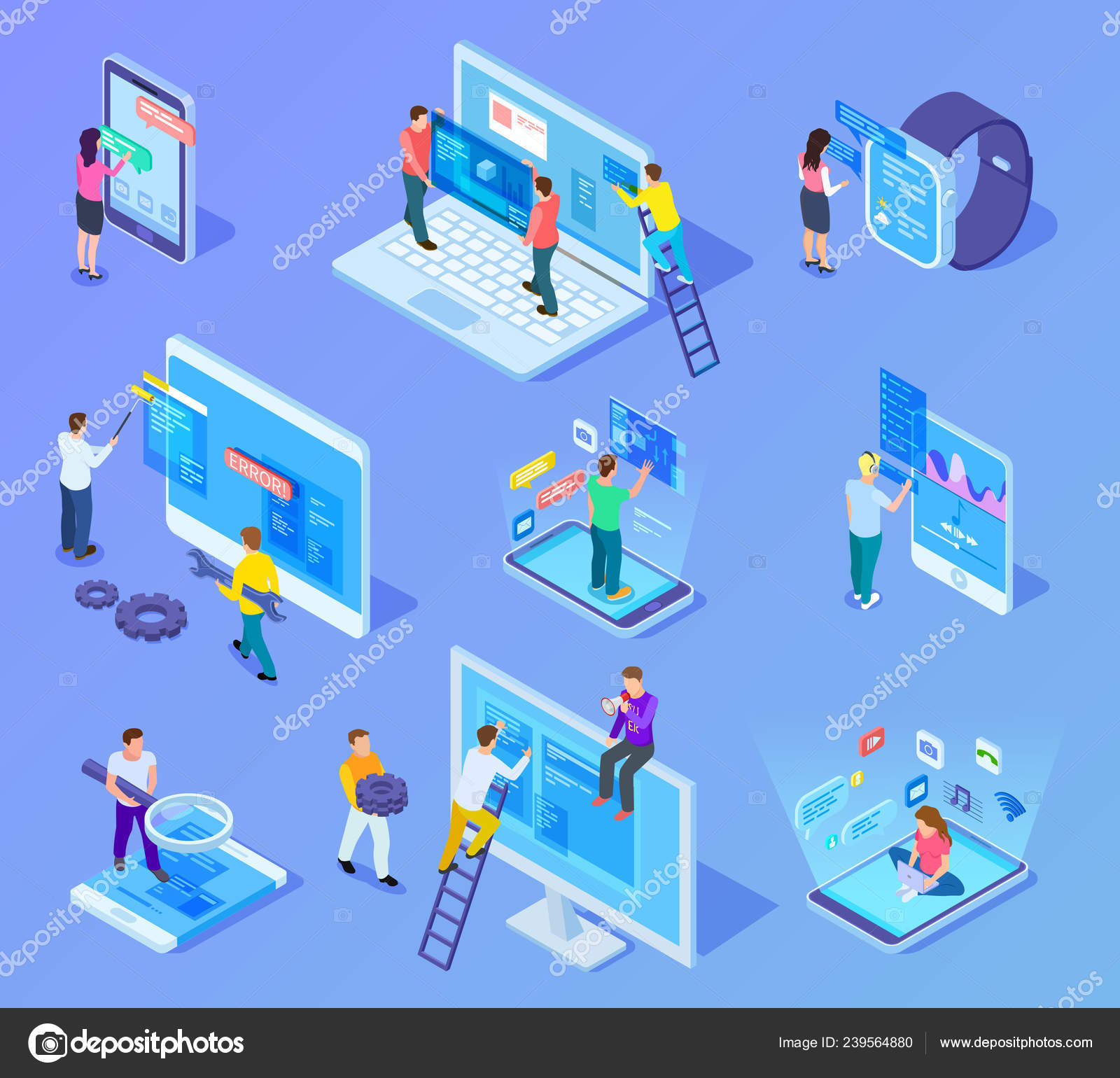 People and app interfaces isometric concept. Users and developers work ...