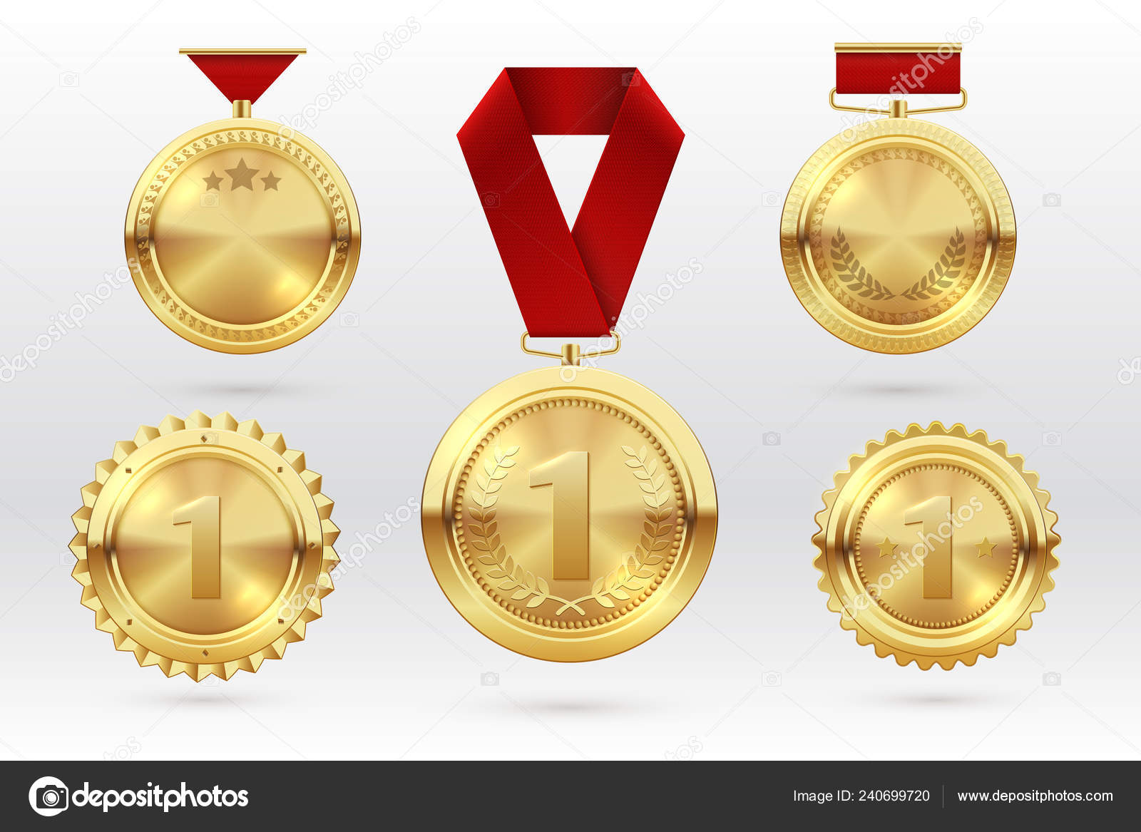 Gold Medal Number Golden Medals Red Award Ribbons First Placement Stock ...