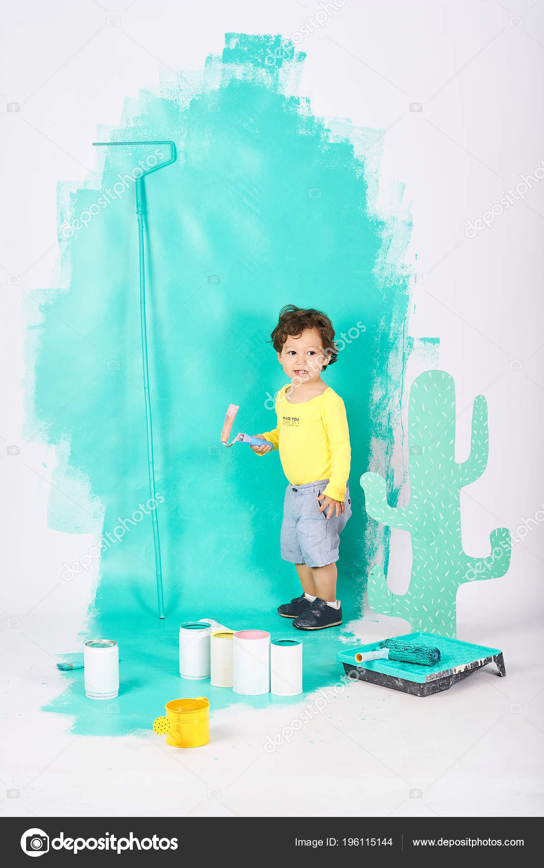 Cute Little Boy Doing Repairs Apartment Fun Paints Wall — Stock Photo ...