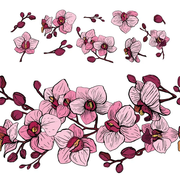 Hand Drawn Set With Orchid Flowers Outline Stock Vector Image By