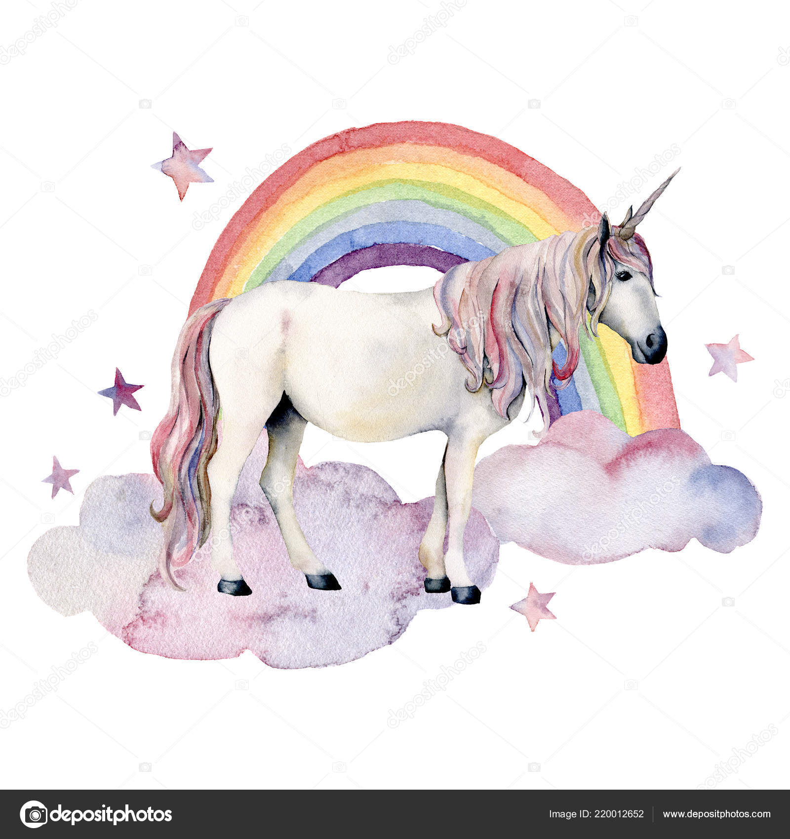 Watercolor fairy tale card witn unicorn, cloud and rainbow. Hand ...