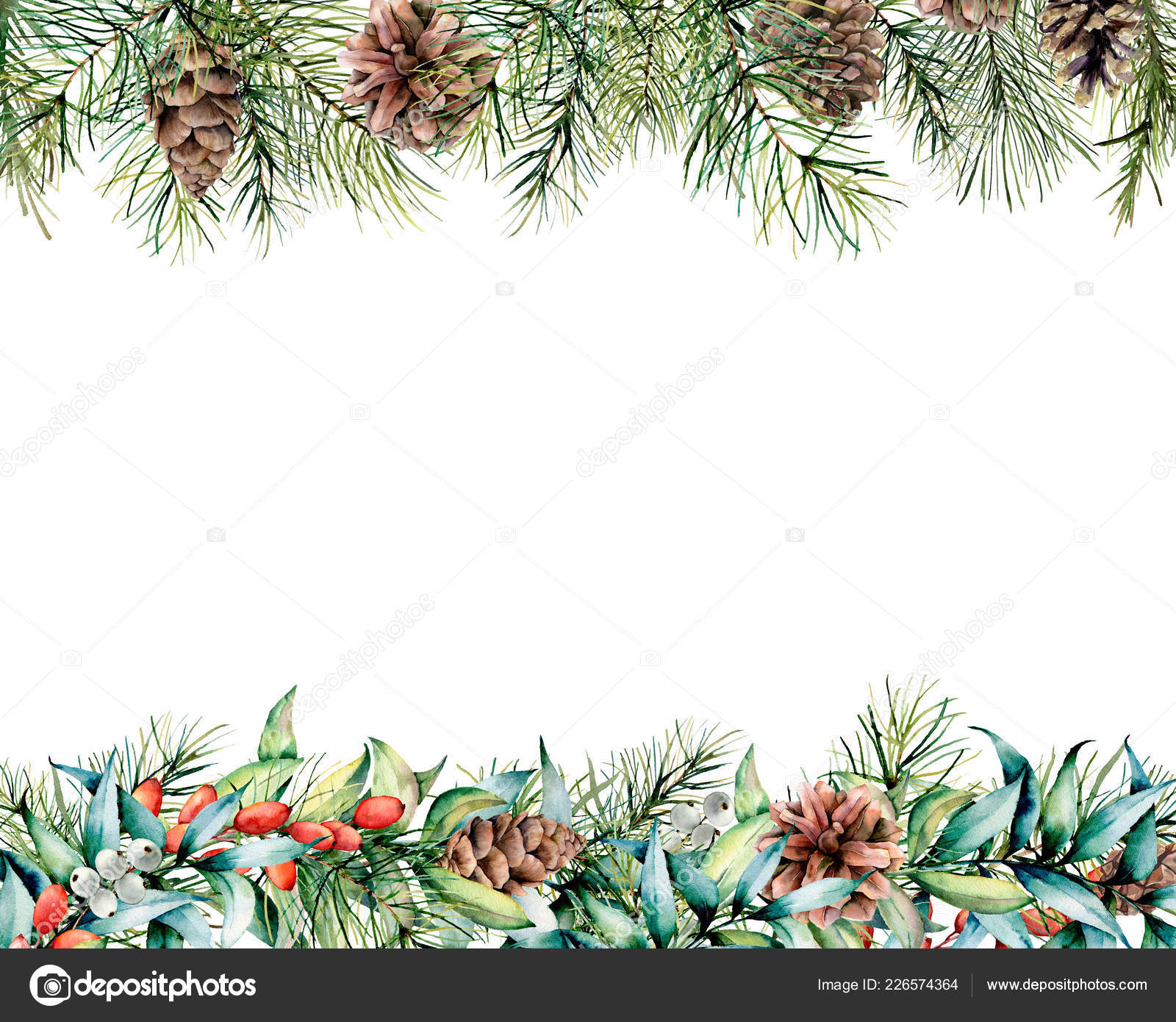 Watercolor banner with winter floral garland. Hand painted eucalyptus ...