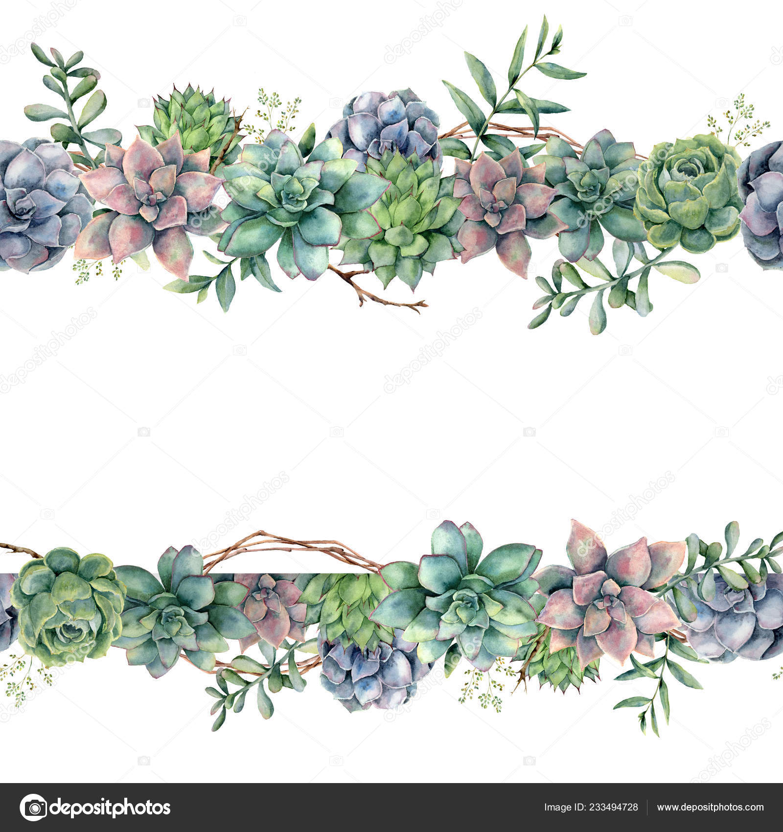 Watercolor floral banner with succulents, tree branch and eucalyptus ...