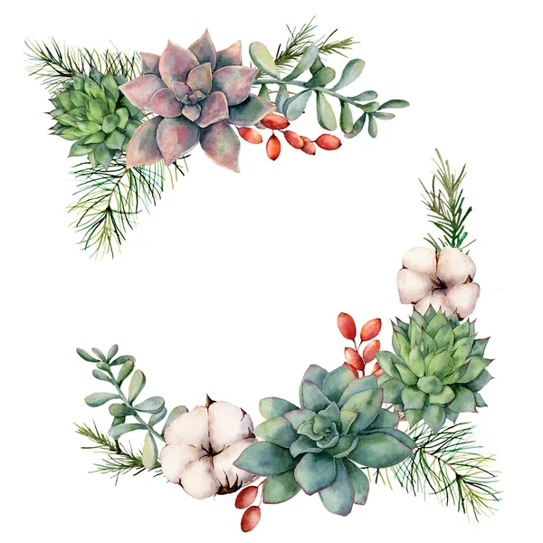Watercolor floral banner with succulents, tree branch and eucalyptus ...