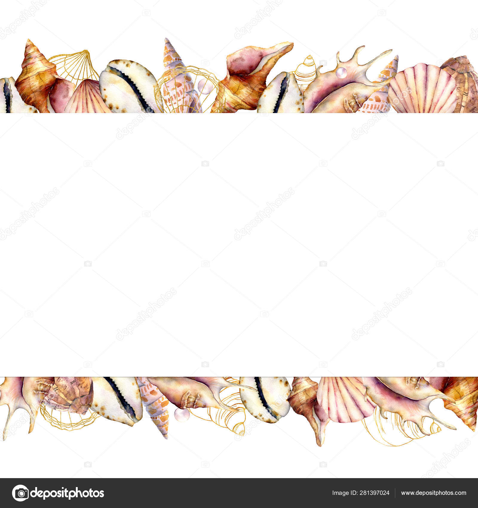 Watercolor banner with shells. Hand painted golden sea shells border ...