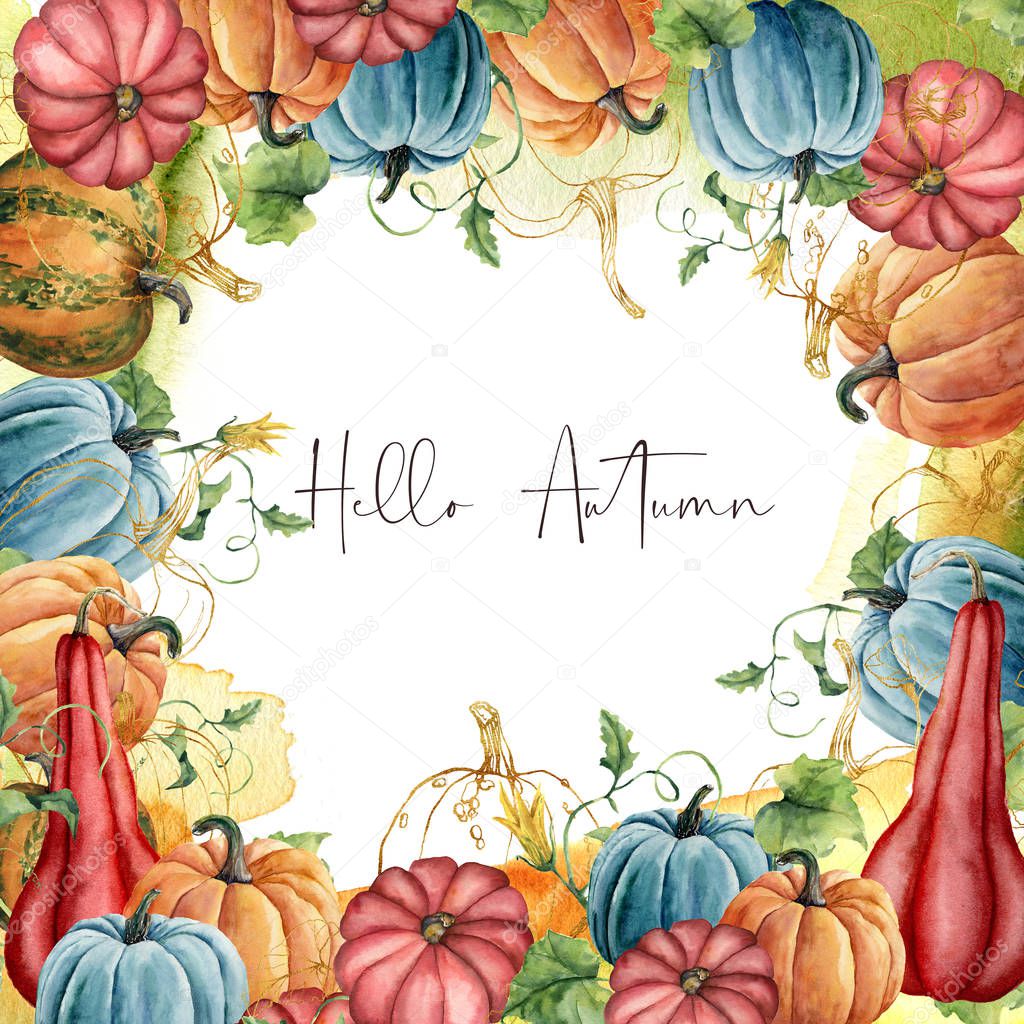 Acuarela Hola marco de otoño con composición de calabazas doradas ...