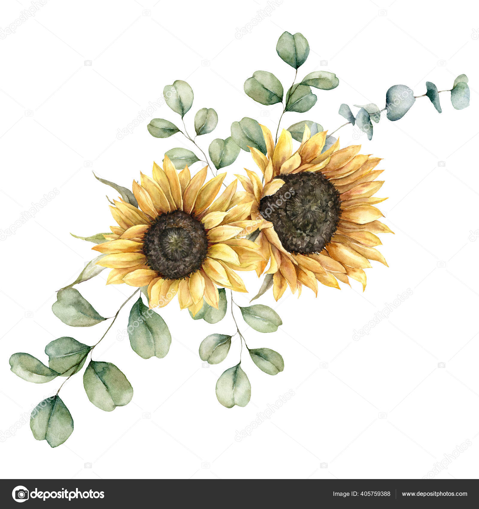 Watercolor autumn bouquet with sunflowers and eucalyptus branches. Hand ...