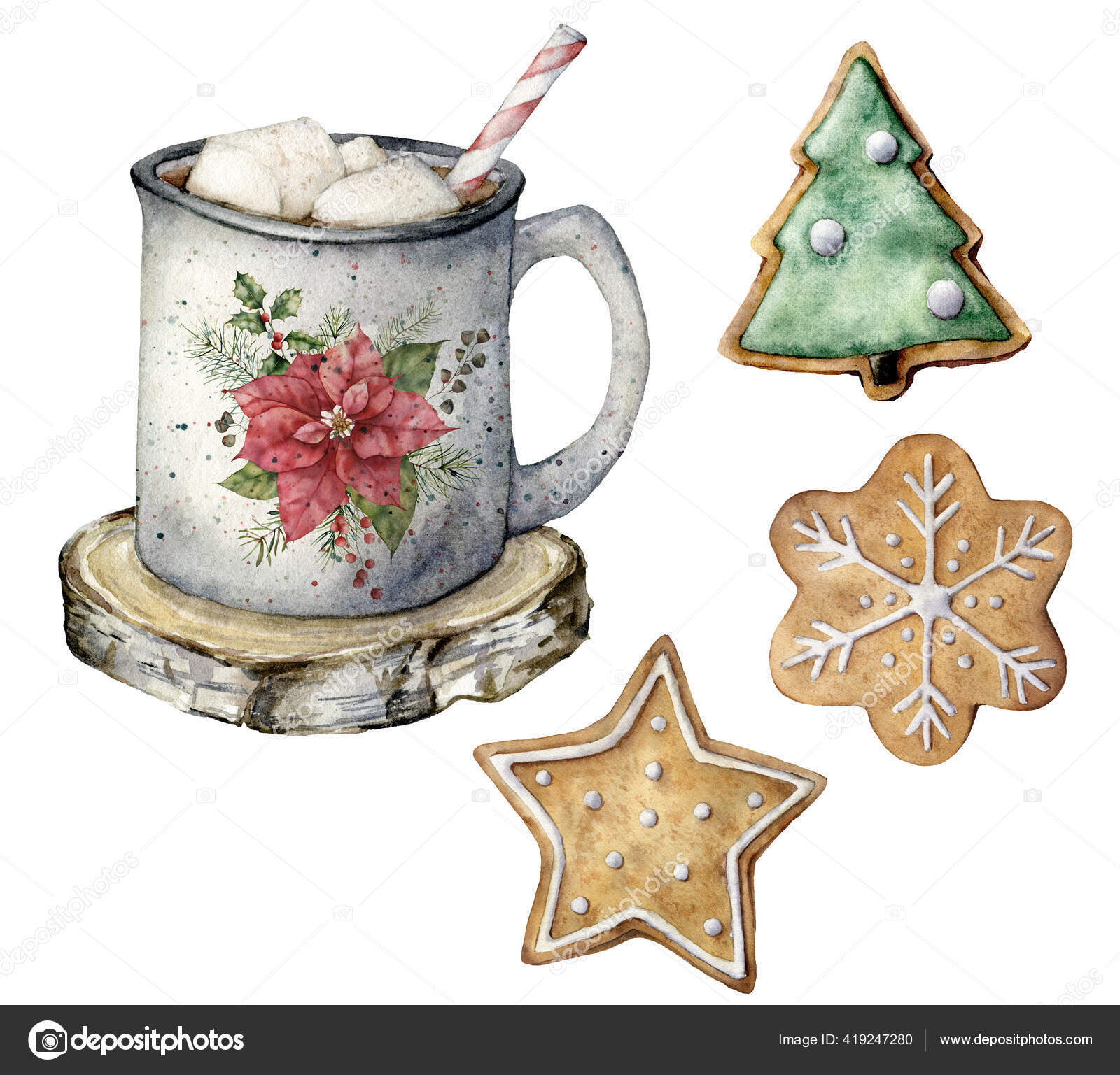 Watercolor Christmas set with silver mug, pastry and cocoa. Hand ...