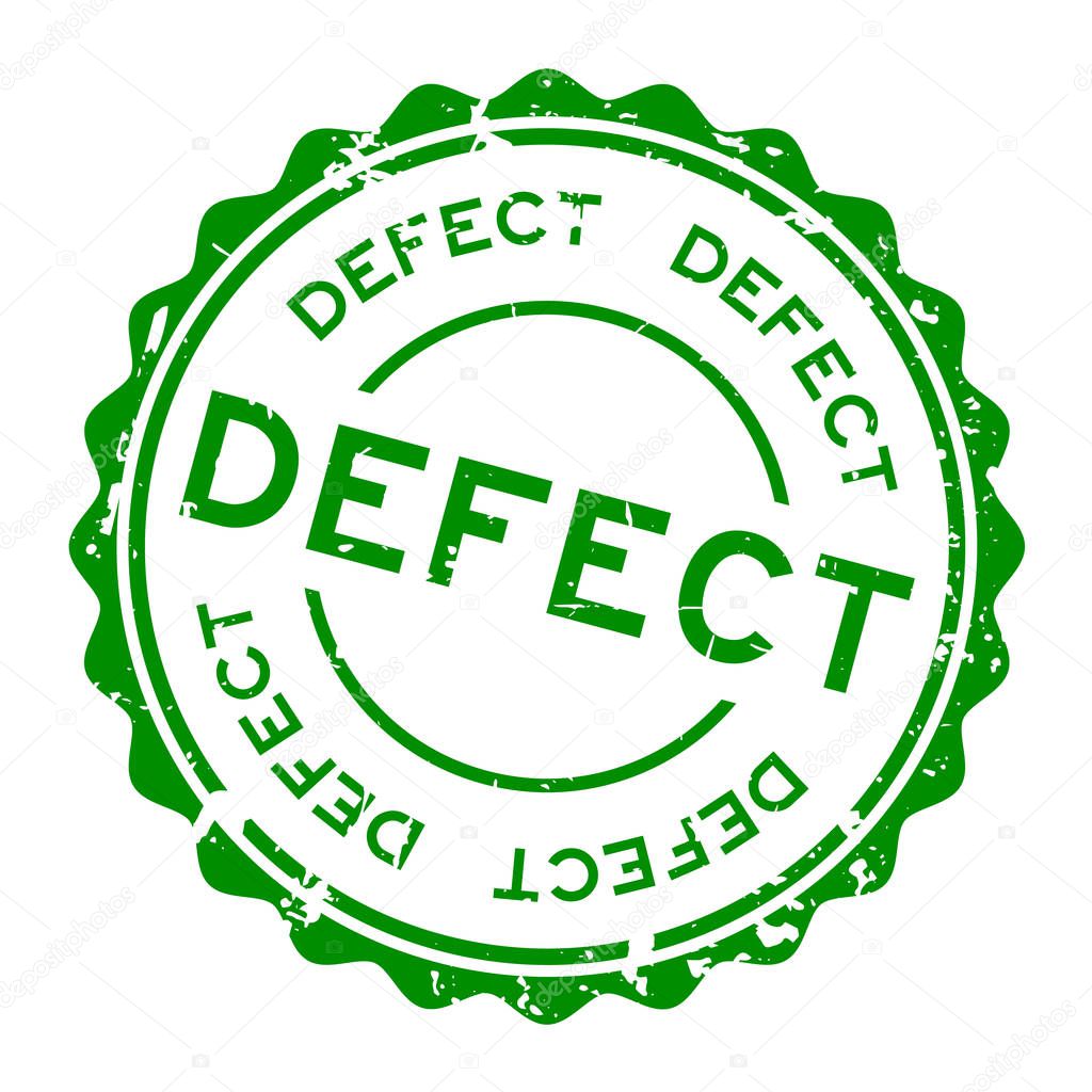 Grunge palabra de defecto verde sello de goma redonda sello sobre fondo ...