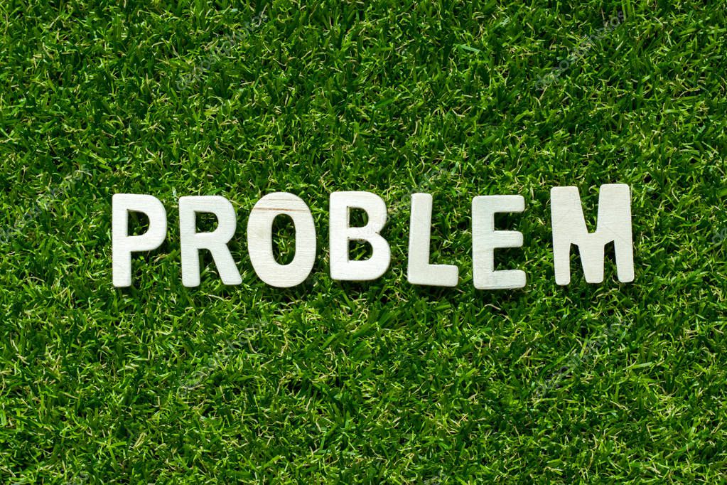 Alfabeto de madera en problema de palabra sobre fondo de césped verde ...