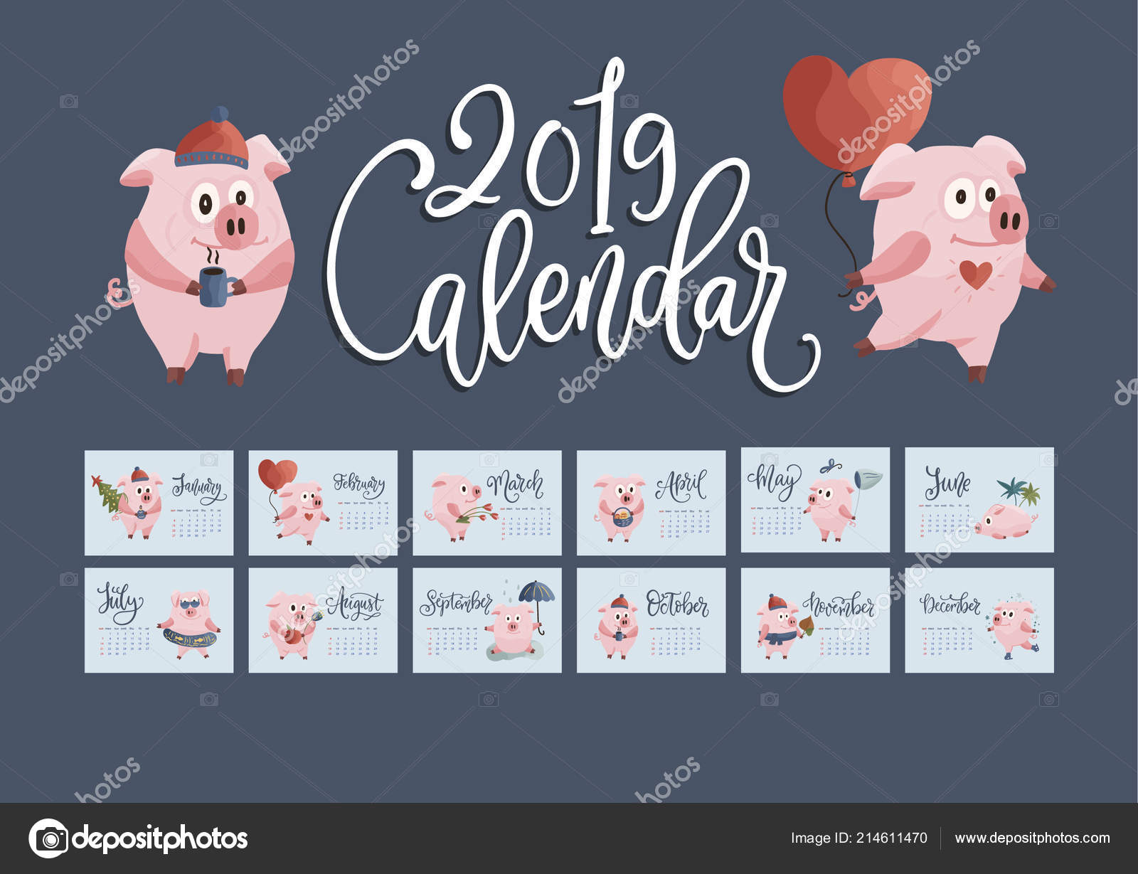 Calendario vectorial dibujado a mano para 2019 . Vector de stock ...