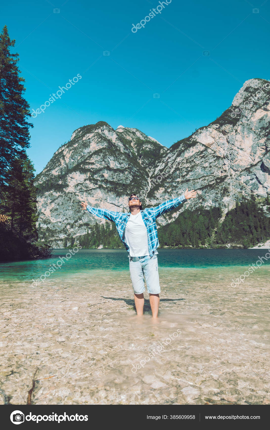 Man Rise Hands Standing Lake Mountains Background Hiking Concept ...
