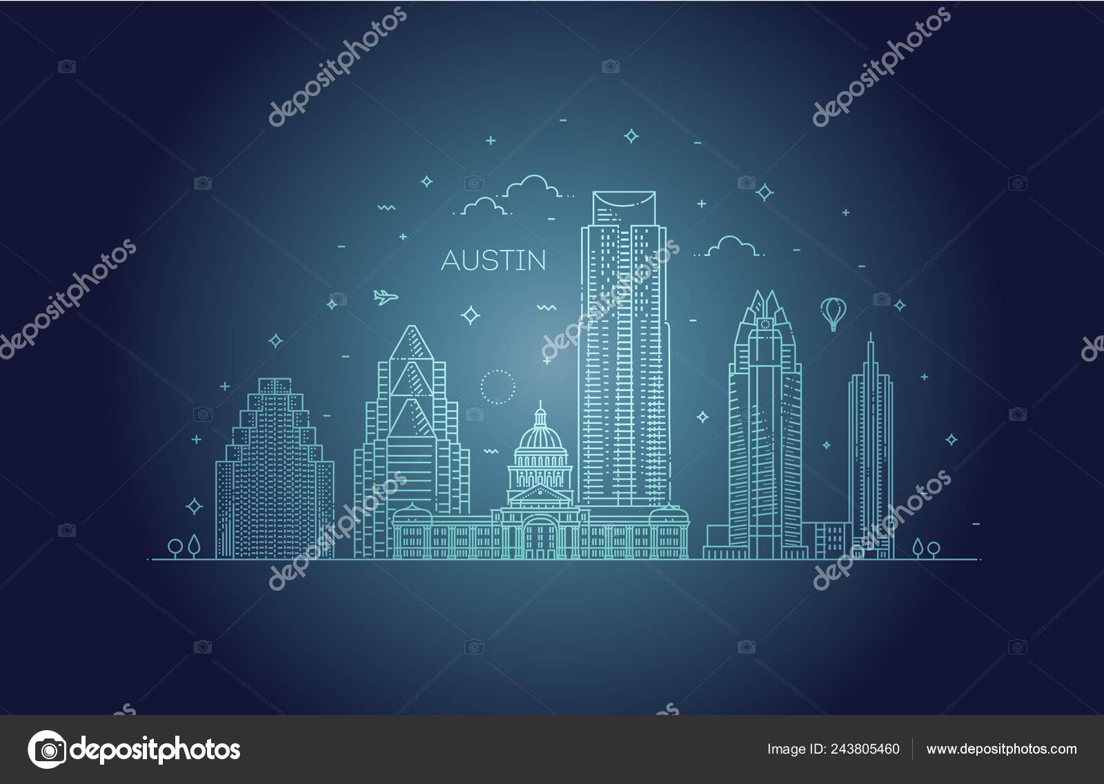 Austin architecture line skyline illustration. Linear vector cityscape ...