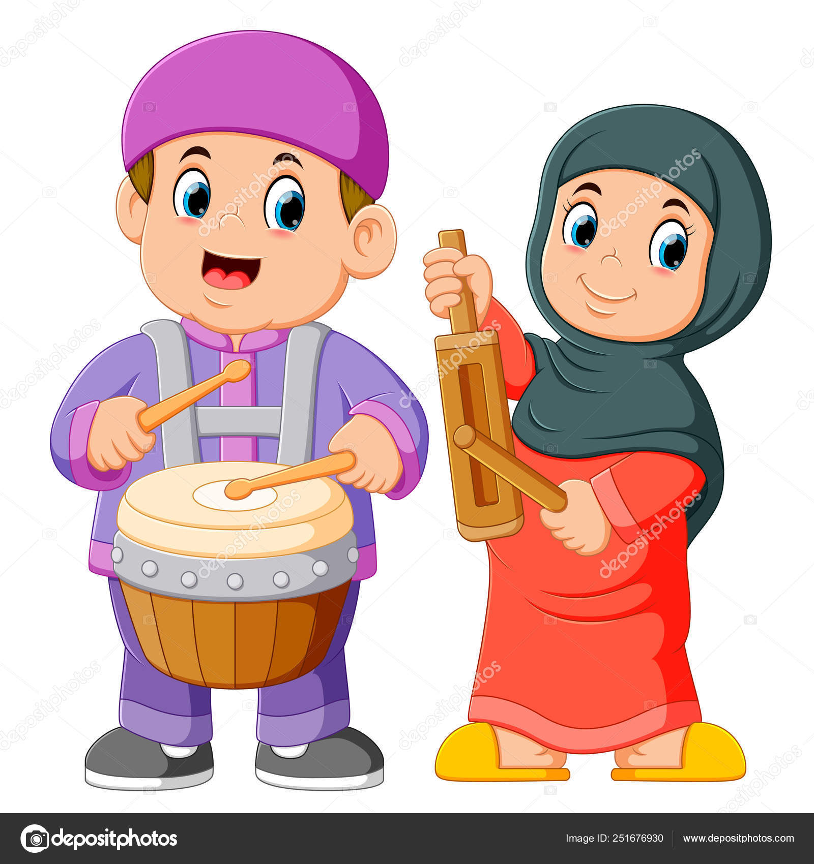 Happy Muslim Kid Cartoon Playing Traditional Musical Instruments Stock ...