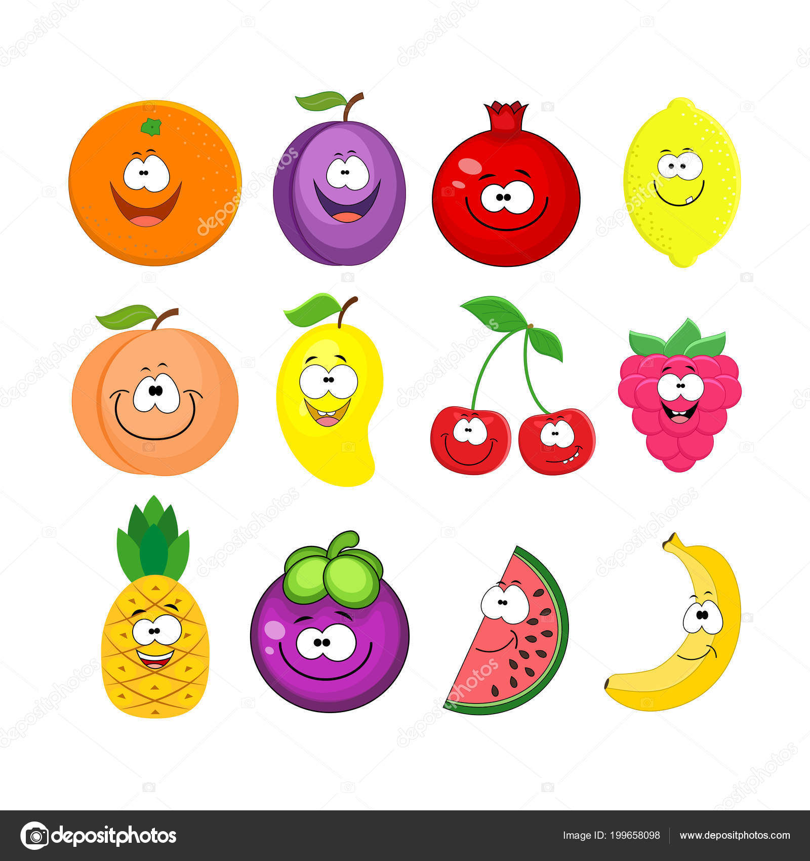Cartoon set of different fruits. Smiling peach, lemon, watermel Stock ...