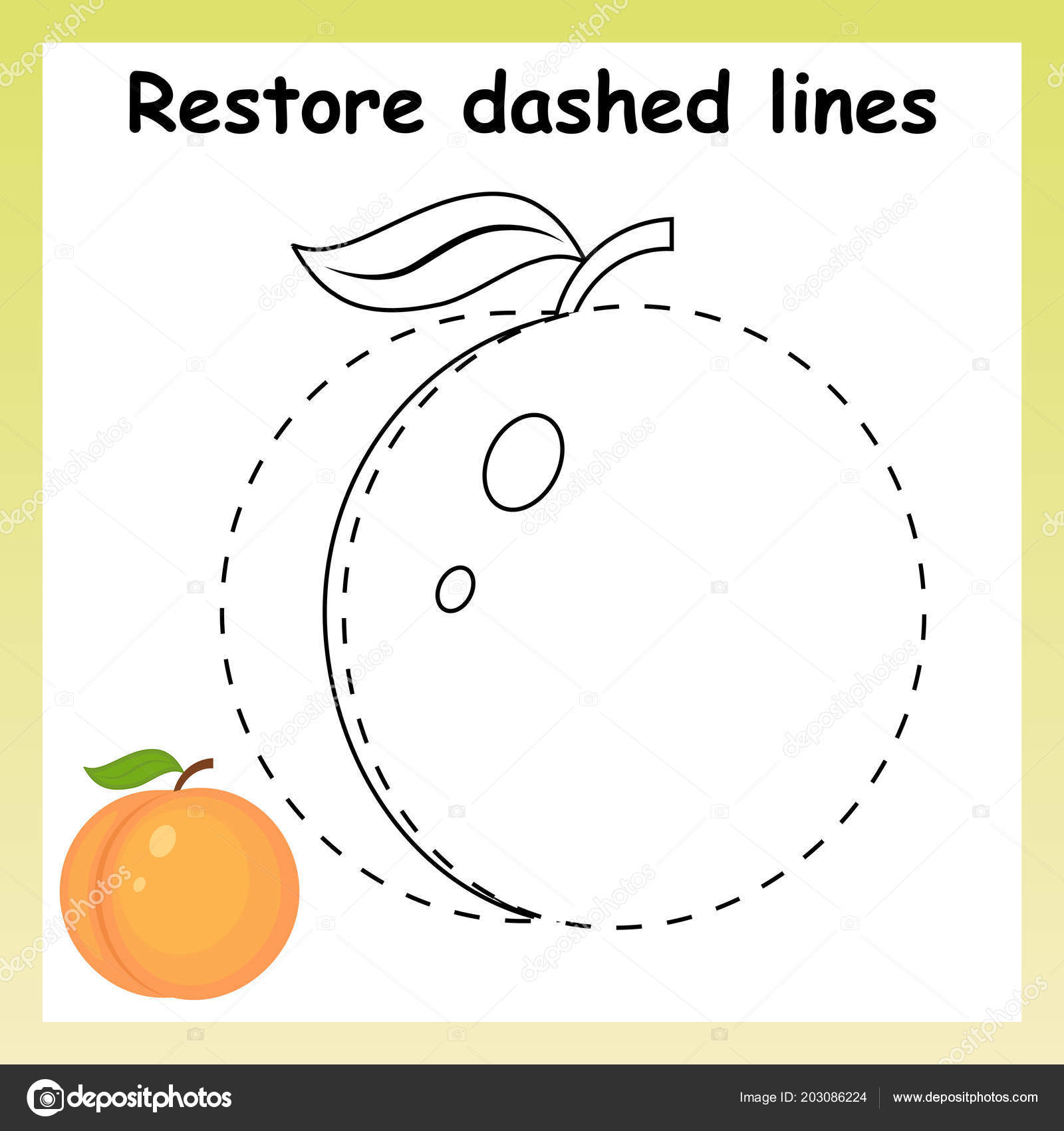 Trace game for children. Cartoon peach. Restore dashed line and Stock ...