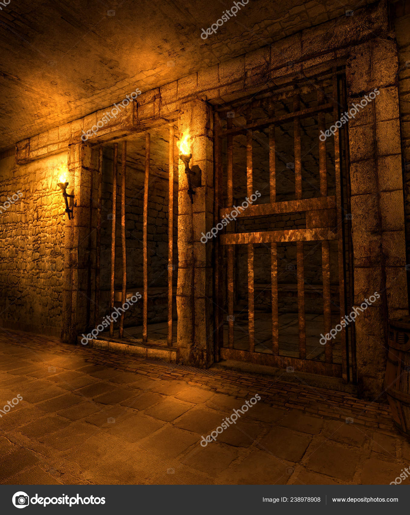 Medieval Fantasy Dungeon Hallway Lined Prison Cells Illuminated Torches Render Stock Photo by ...