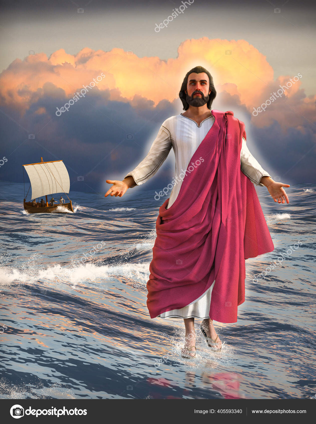 Jesus Christ Walking Water Sea Galilee Disciples Fishing Boat Cloudy ... Jesus Christ Walking Water Sea Galilee Disciples Fishing Boat Cloudy ...